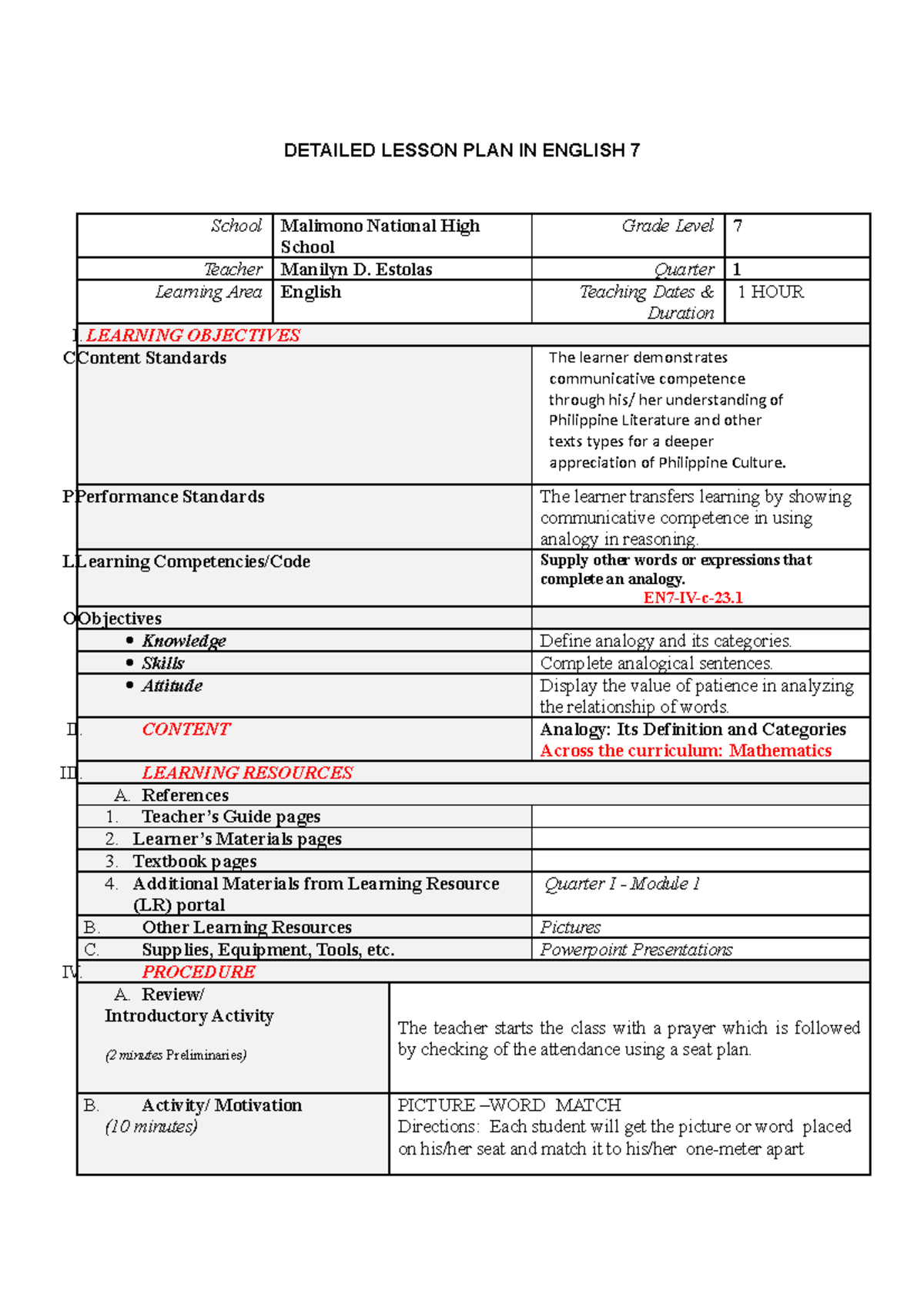 Detailed Lesson PLAN IN English 7-week 1 - DETAILED LESSON PLAN IN ...