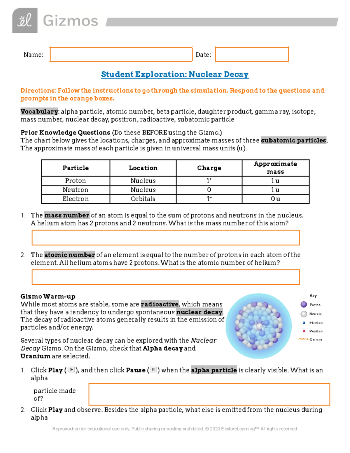 Sofi Feigin (S) - Gizmo Nuclear Decay - 11535117 - Name: Date: Student Exploration: Nuclear ...