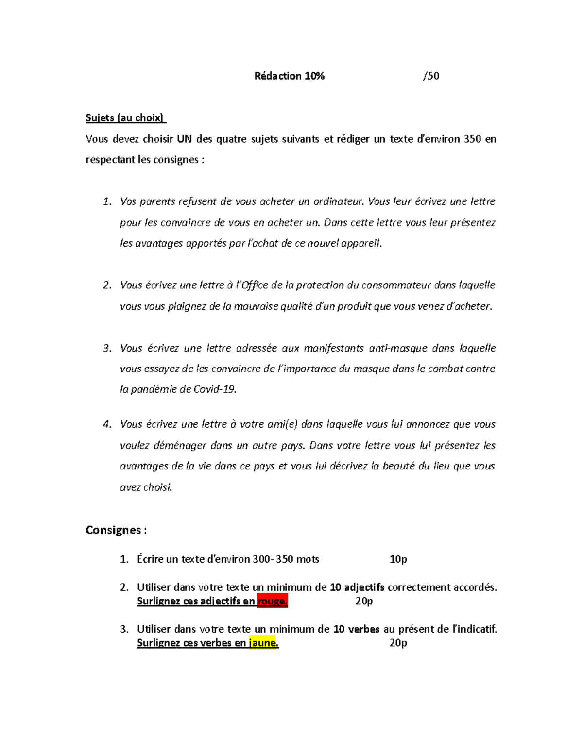 French Midterm Redaction Instruction - Rédaction 10% / Sujets (au choix ...