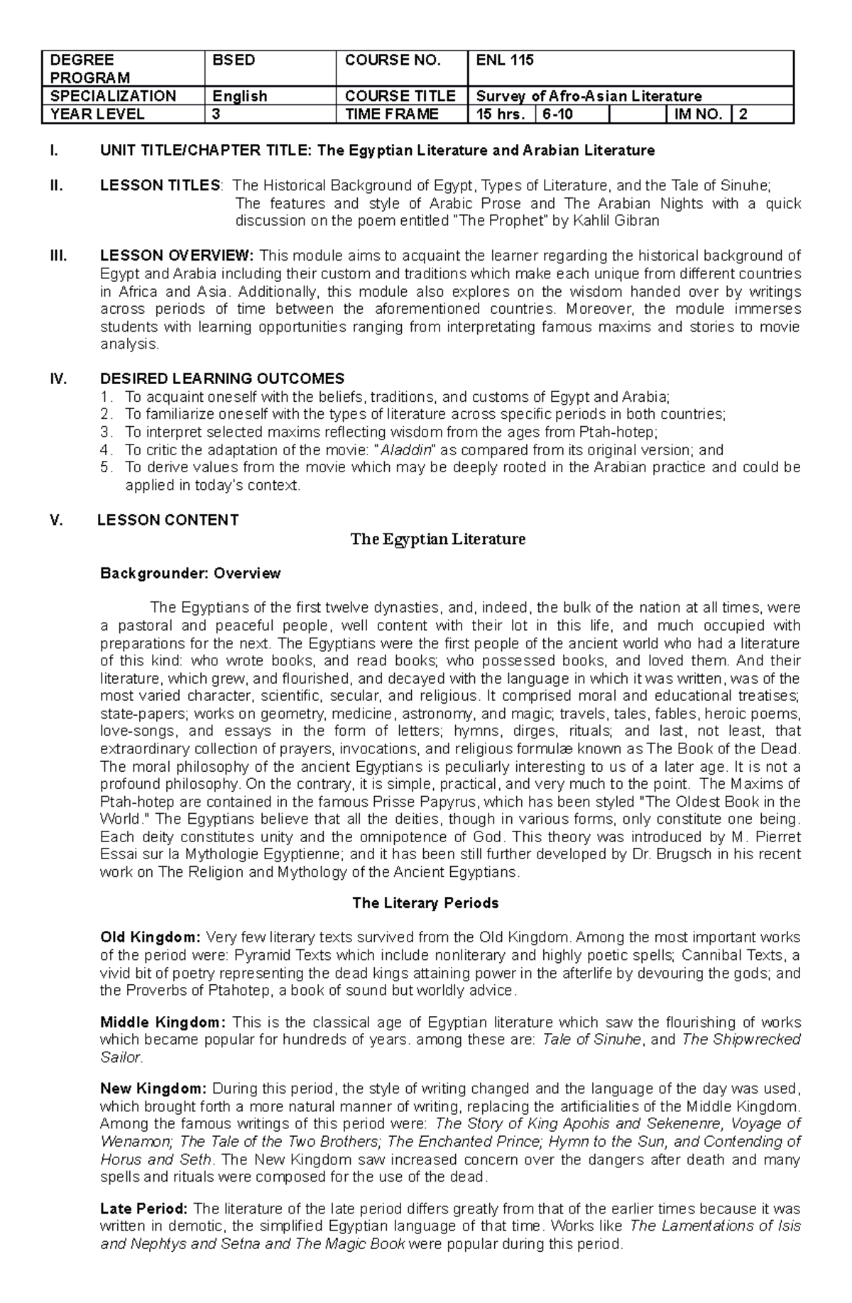 Survey of Afro Asian Literature 2 - DEGREE PROGRAM BSED COURSE NO. ENL ...