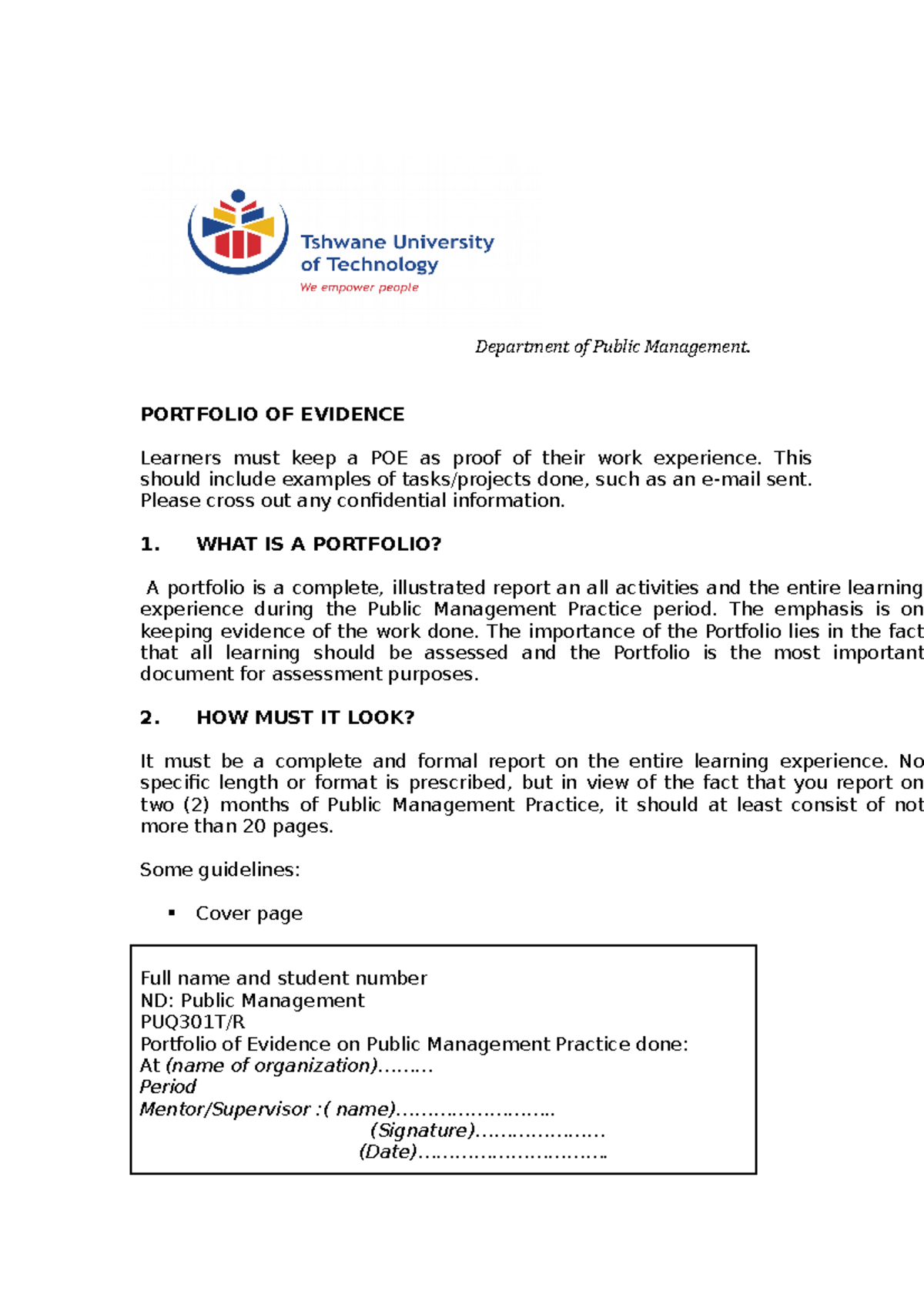 Portfolio - OFFICE ADMIN PRACTICAL LOGBOOK SAMPLE - Department of ...