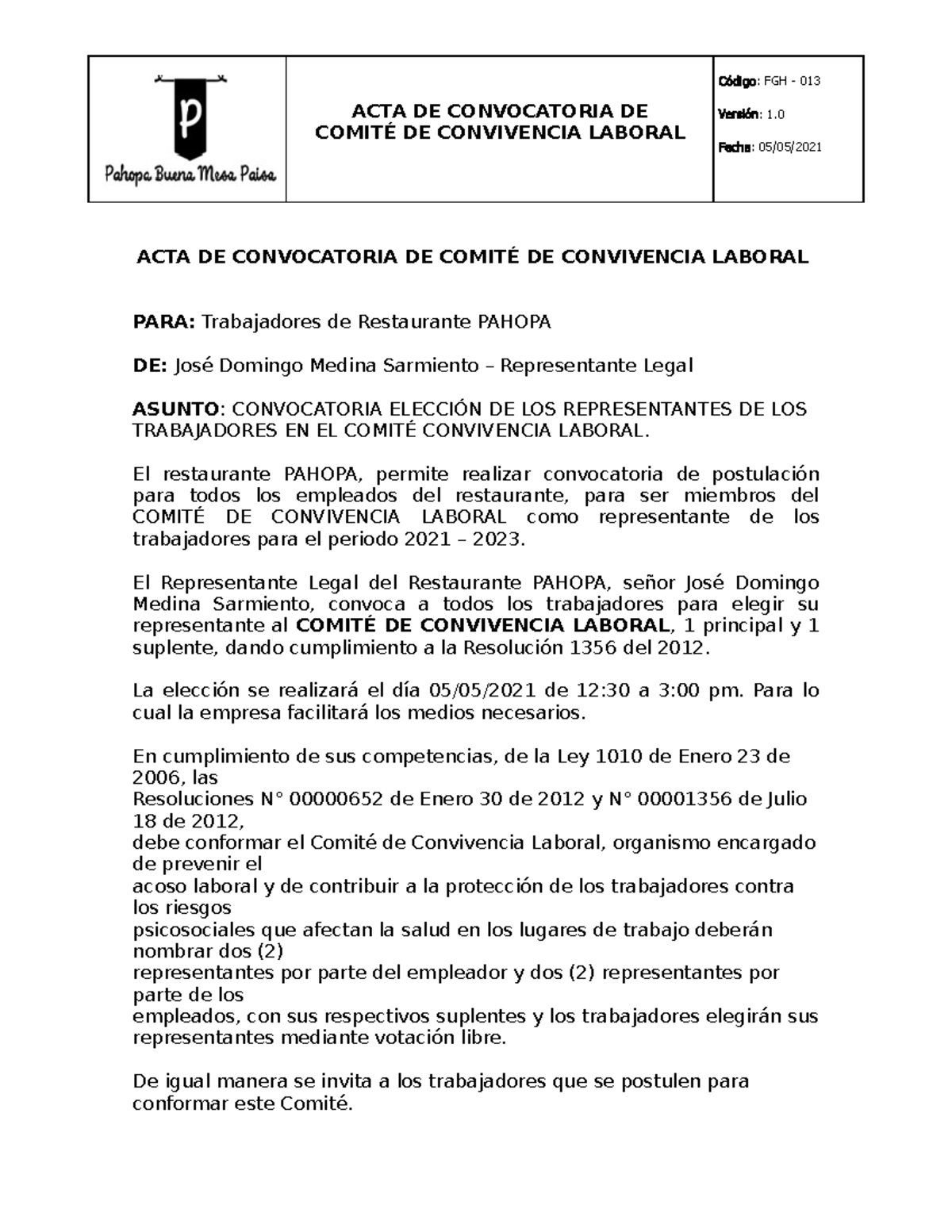 Acta de Convocatoria Comite de Convivencia Laboral - ACTA DE CONVOCATORIA DE COMITÉ DE ...