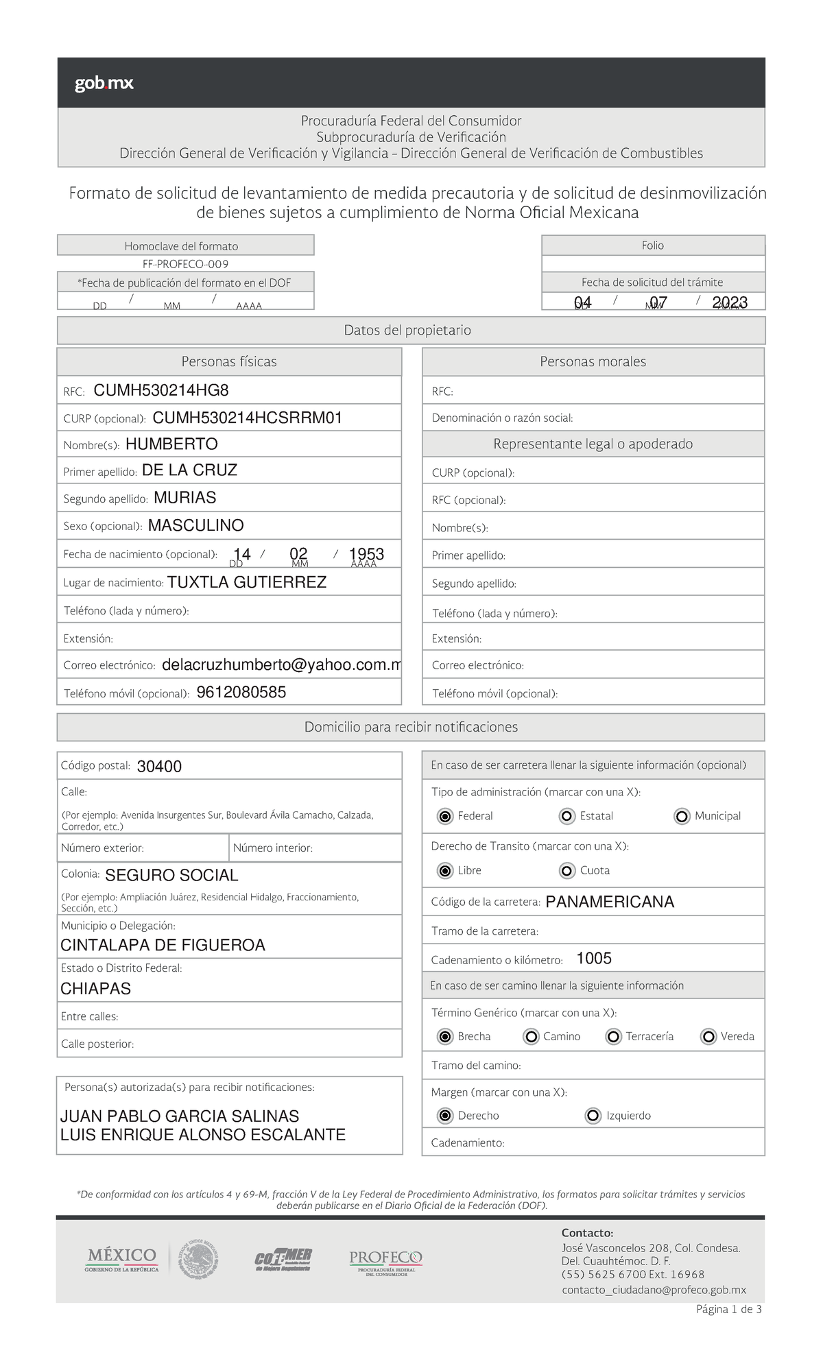 FF- Profeco-009 Formato Deinmovilizacion - Procuraduría Federal del Consumidor Subprocuraduría ...