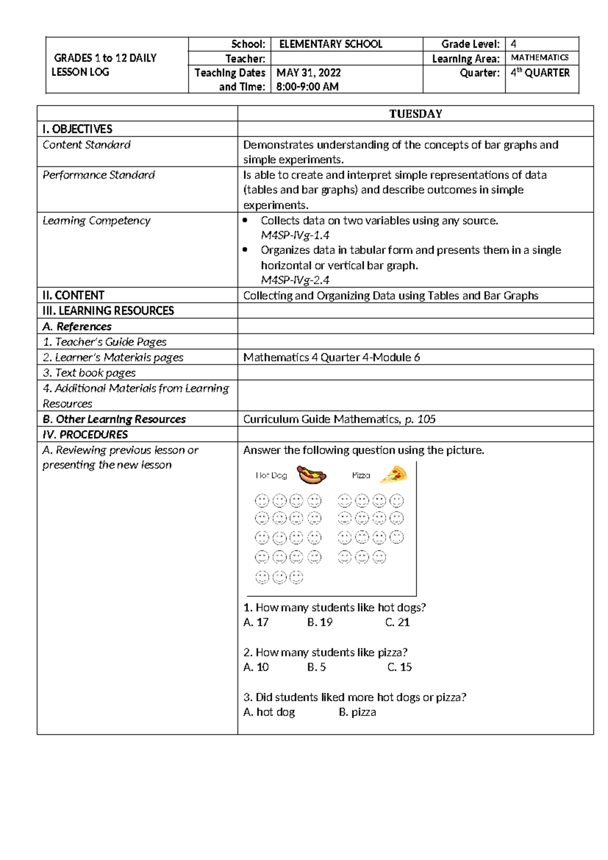 Math 4 Q4-W5 COT LP - GRADES 1 to 12 DAILY LESSON LOG School ...