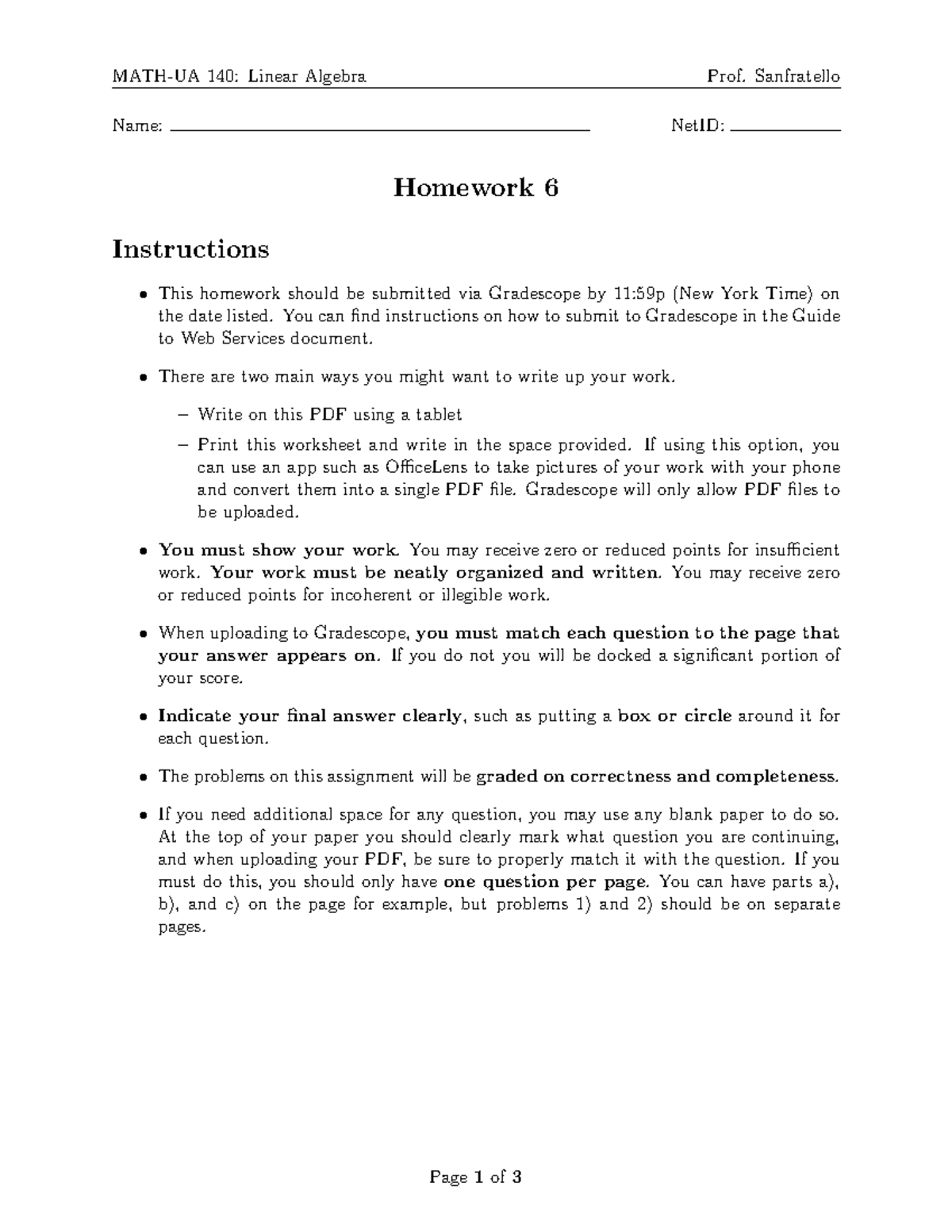 HW linear algebra - MATH-UA 140: Linear Algebra Prof. Sanfratello Name ...