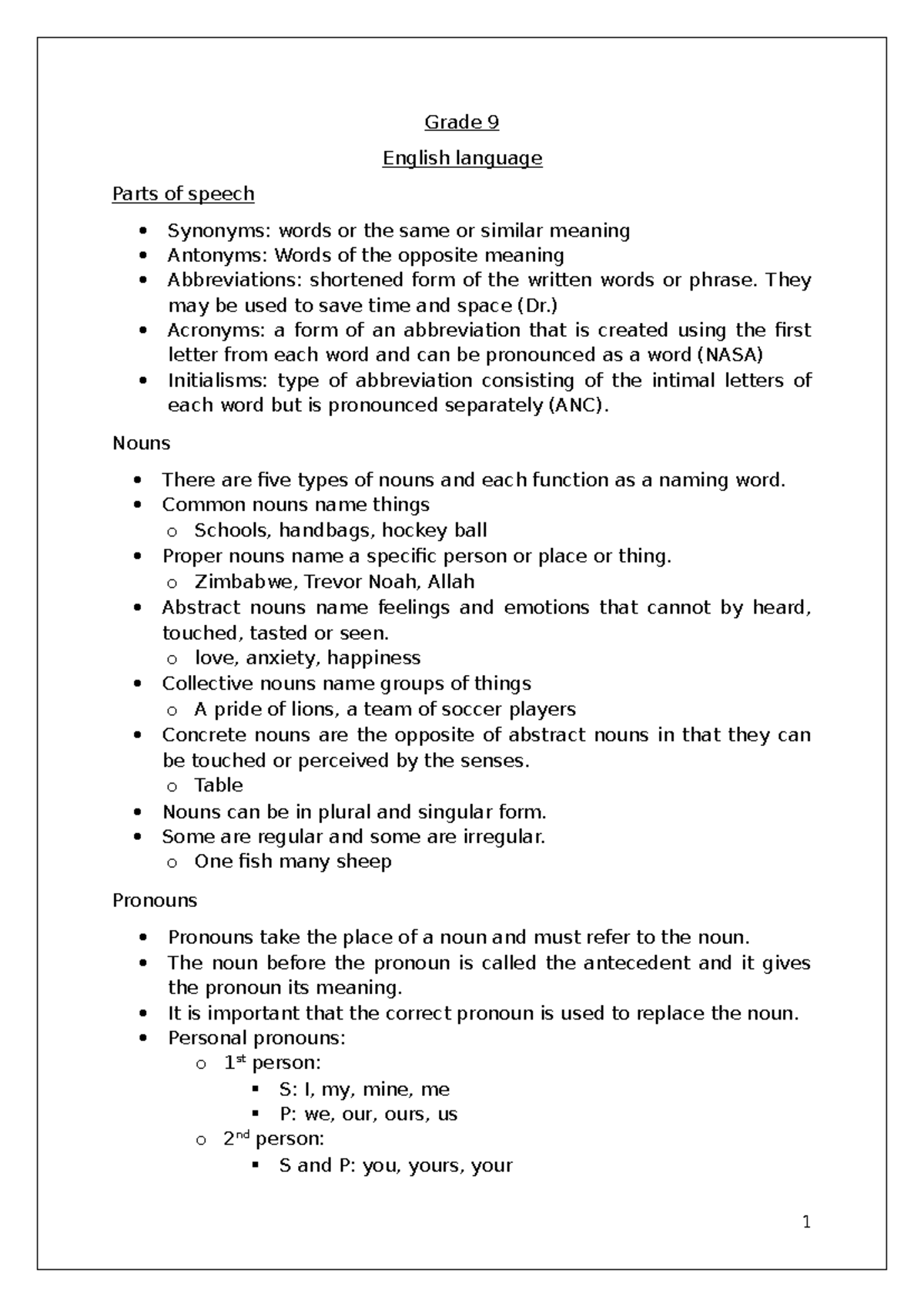 Grade 9 language notes - Grade 9 English language Parts of speech ...