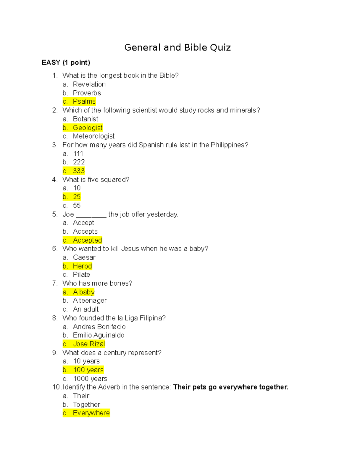 General and Bible Quiz - Study notes. - General and Bible Quiz EASY (1 ...