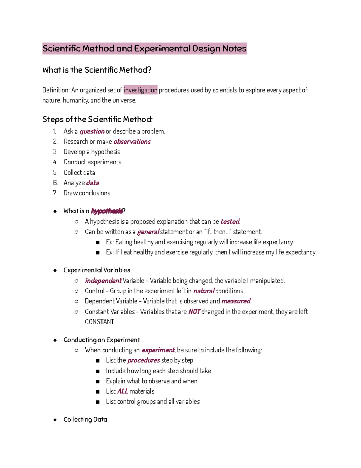 Scientific Method and Experimental Design Notes - Steps of the ...