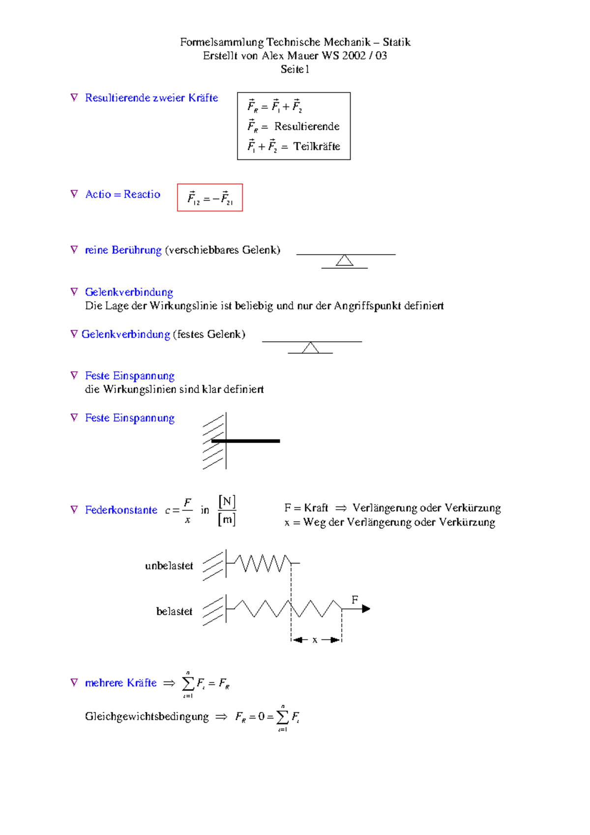 FS TM Statik - Wintersemester - Erstellt von Alex Mauer WS 2002 / 03 ...