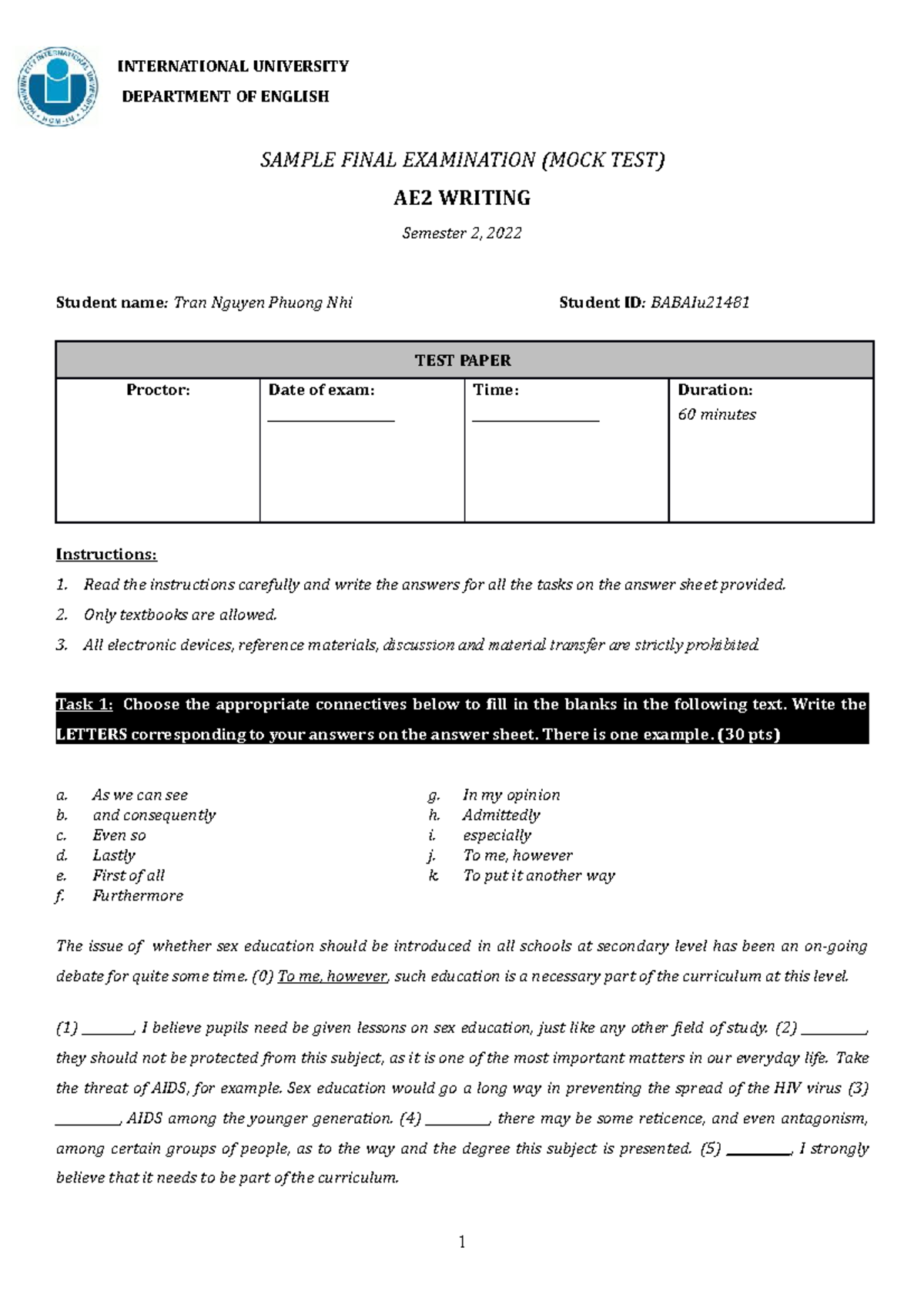 Sample AE2 Writing - Final test Mock Test - INTERNATIONAL UNIVERSITY ...