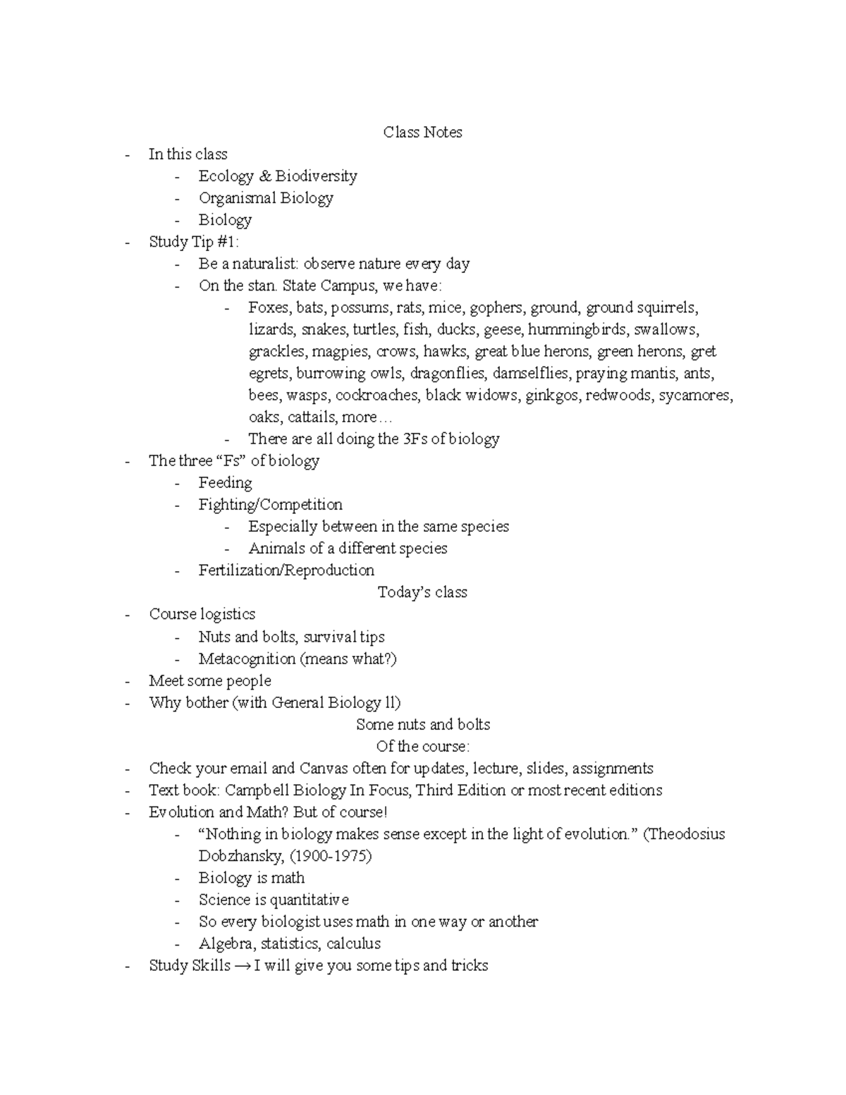 Biology 1150 Class Notes 1 28 21 - Class Notes In this class Ecology ...