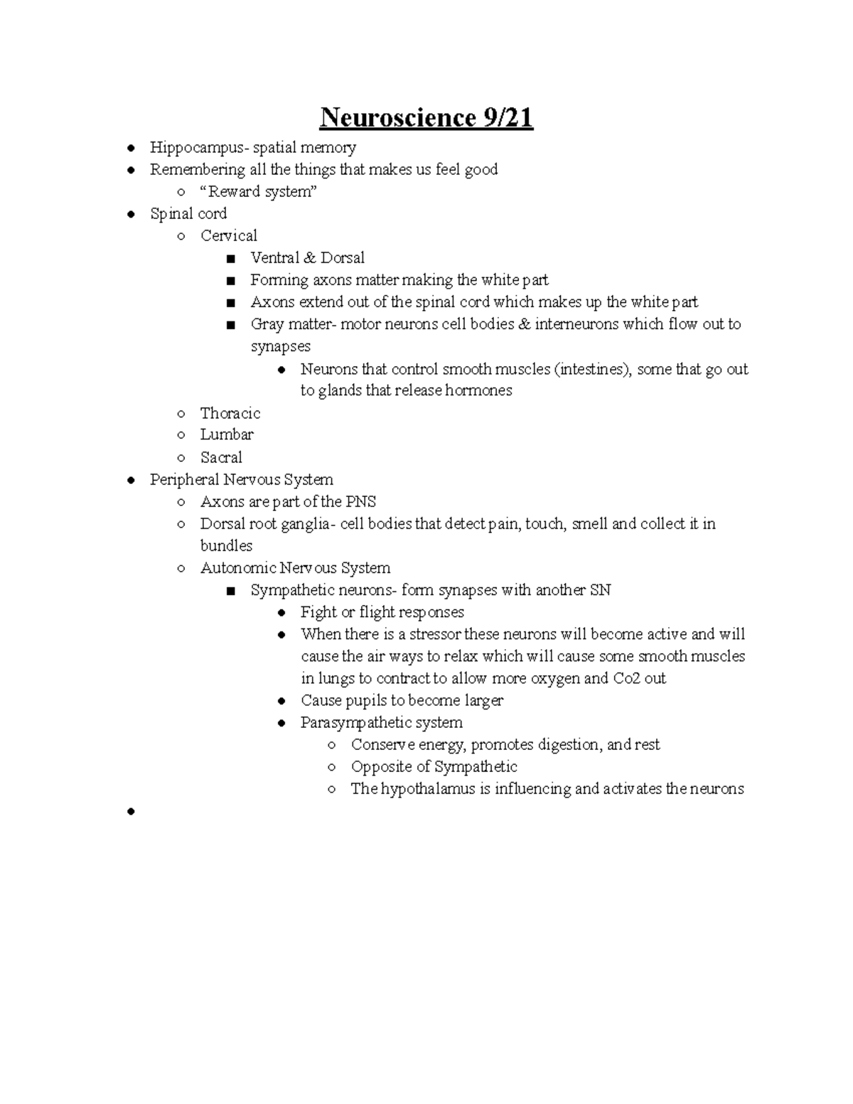 Neuroscience week 5 - in-class notes - Neuroscience 9/ Hippocampus ...