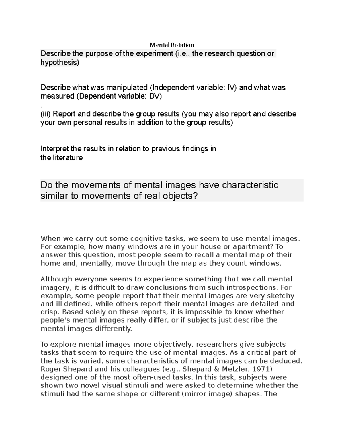 Partial Report - Mental Rotation Describe the purpose of the experiment ...