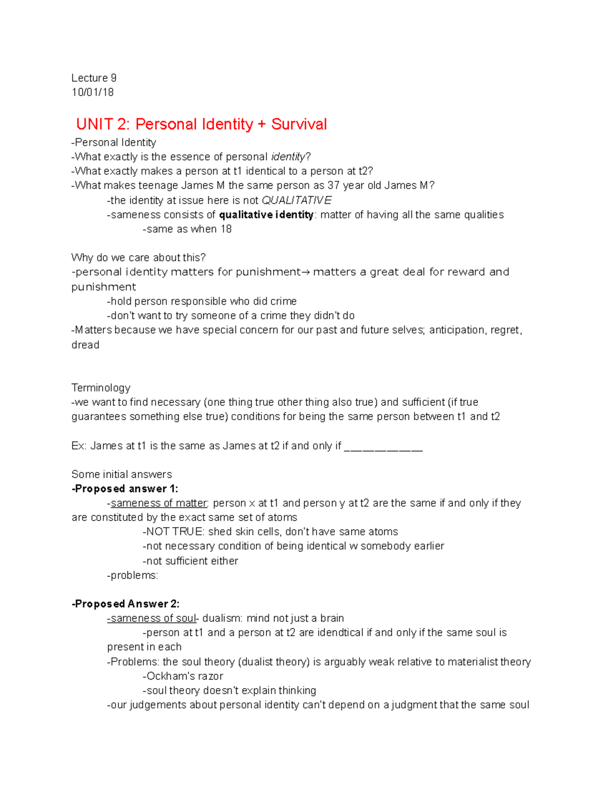 Philos Unit 2 - Lecture notes Unit 2 - Lecture 9 10/01/ UNIT 2 ...