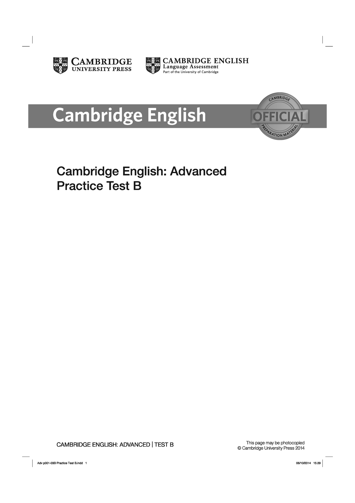 Cambridge English Advanced Practice Test B Read UOE - CAMBRIDGE ...