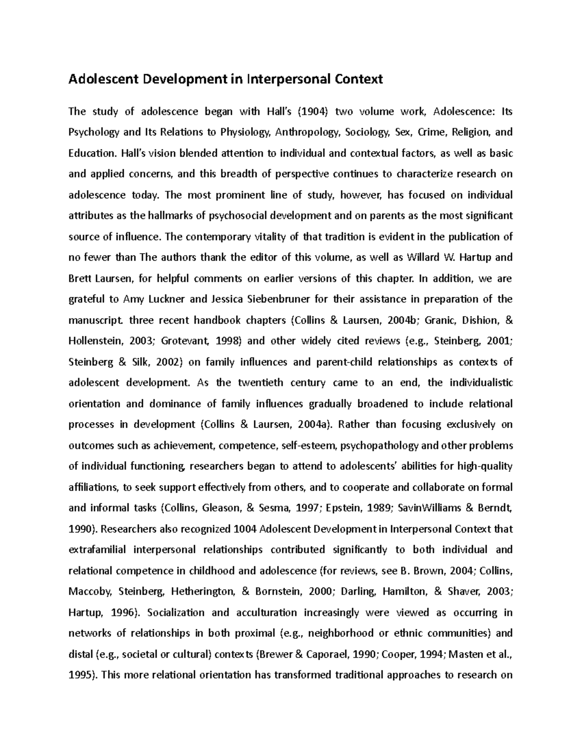 Adolescent Development in Interpersonal Context - Hall’s vision blended ...