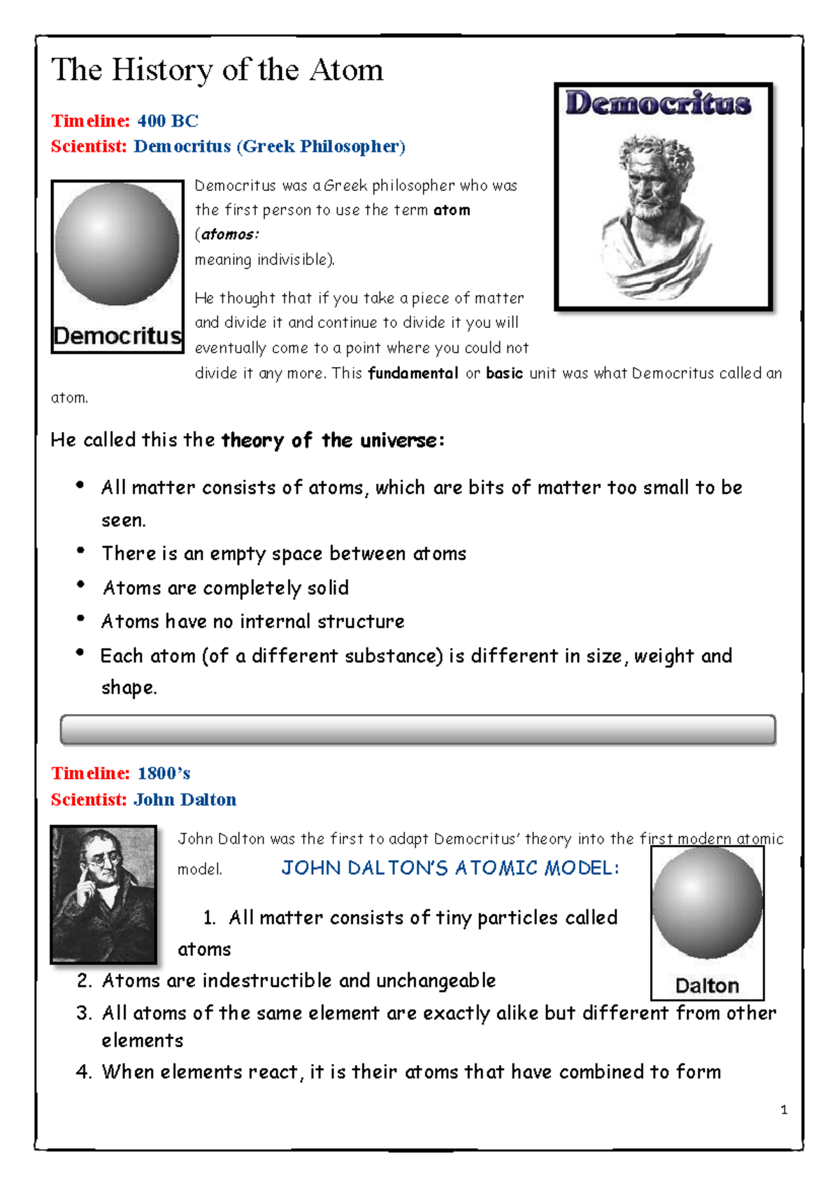 The history of the atom Notes - The History of the Atom Timeline: 400 ...
