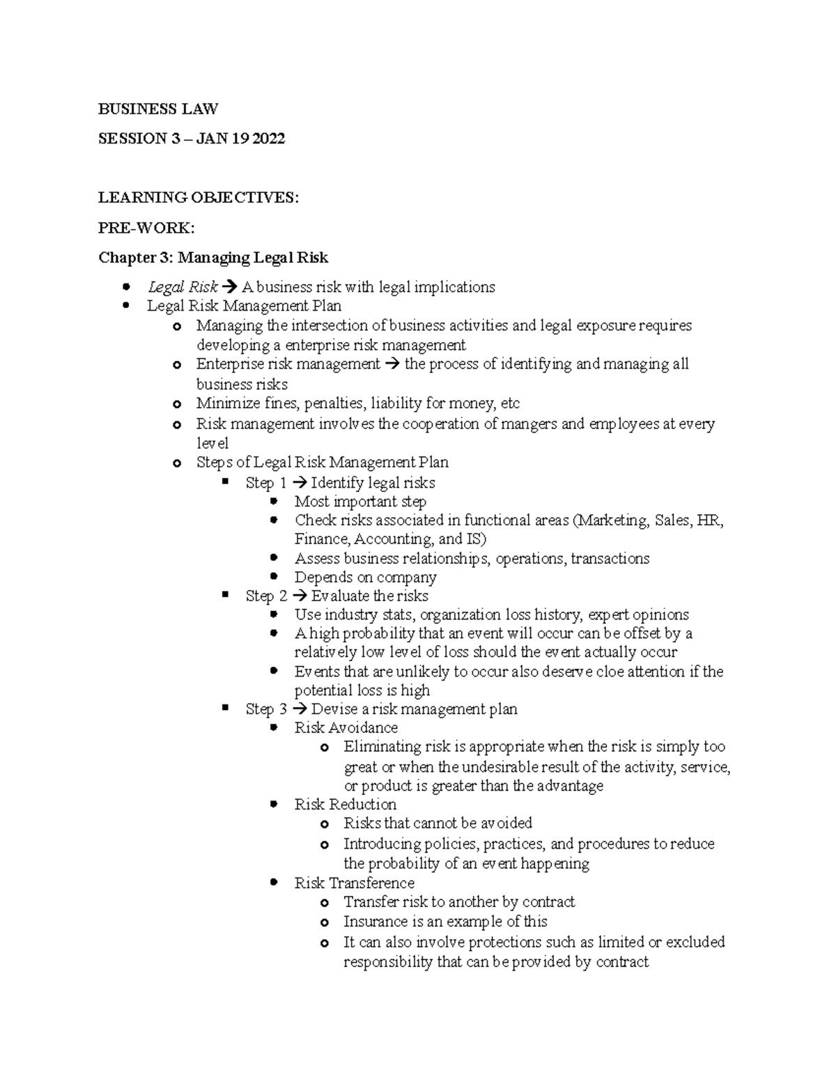 Session 3 - Class notes - BUSINESS LAW SESSION 3 – JAN 19 2022 LEARNING ...
