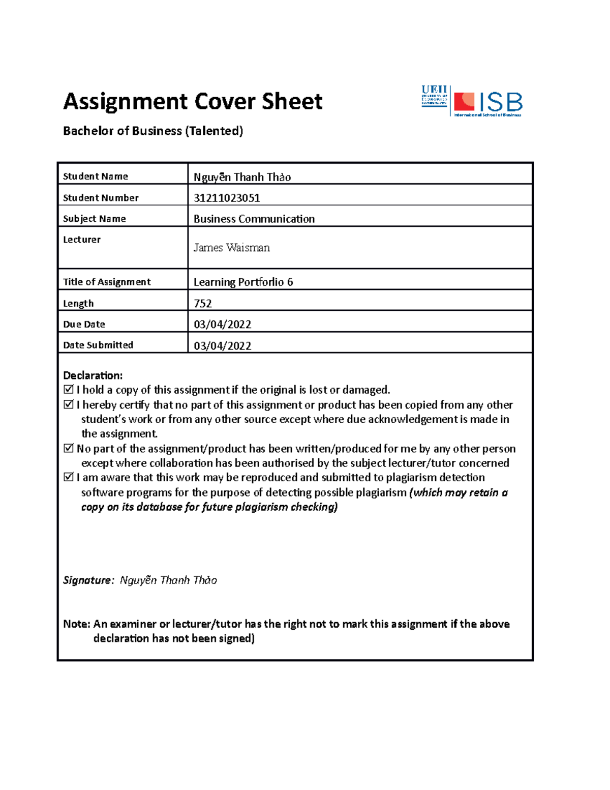 LP6 31211023051 Nguyen Thanh THAO BC8 - Assignment Cover Sheet Bachelor ...