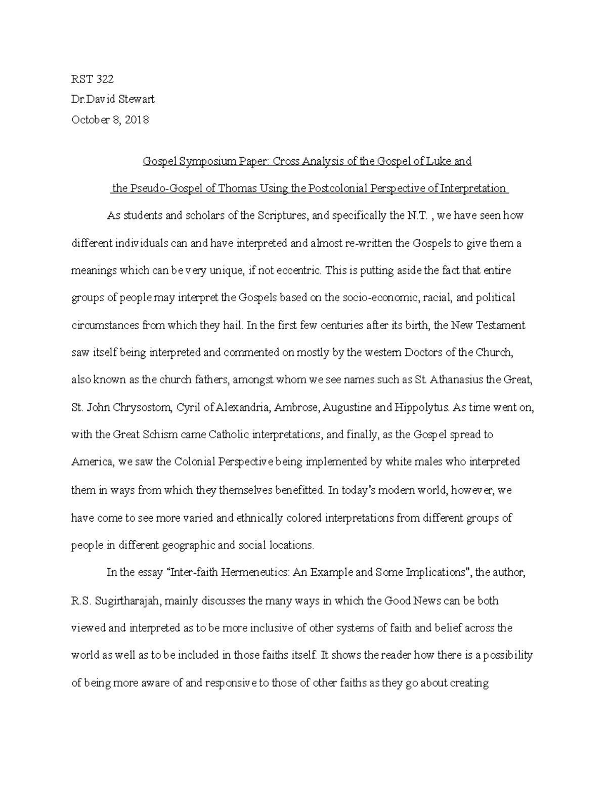 RST 322 (NT) Paper 1 - Grade: B - RST 322 Dr Stewart October 8, 2018 ...