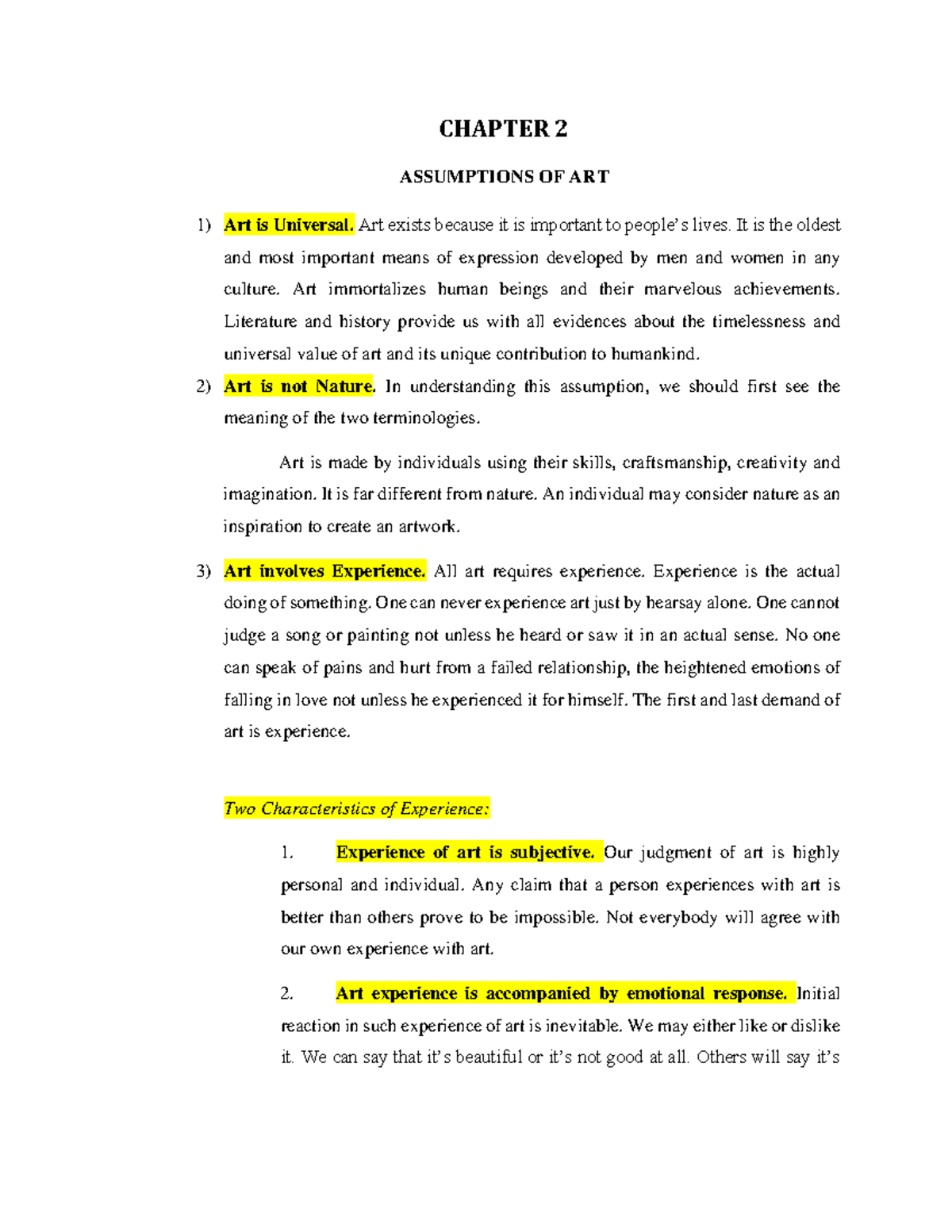 Assumptions of Arts - Notes - CHAPTER 2 ASSUMPTIONS OF ART Art is ...