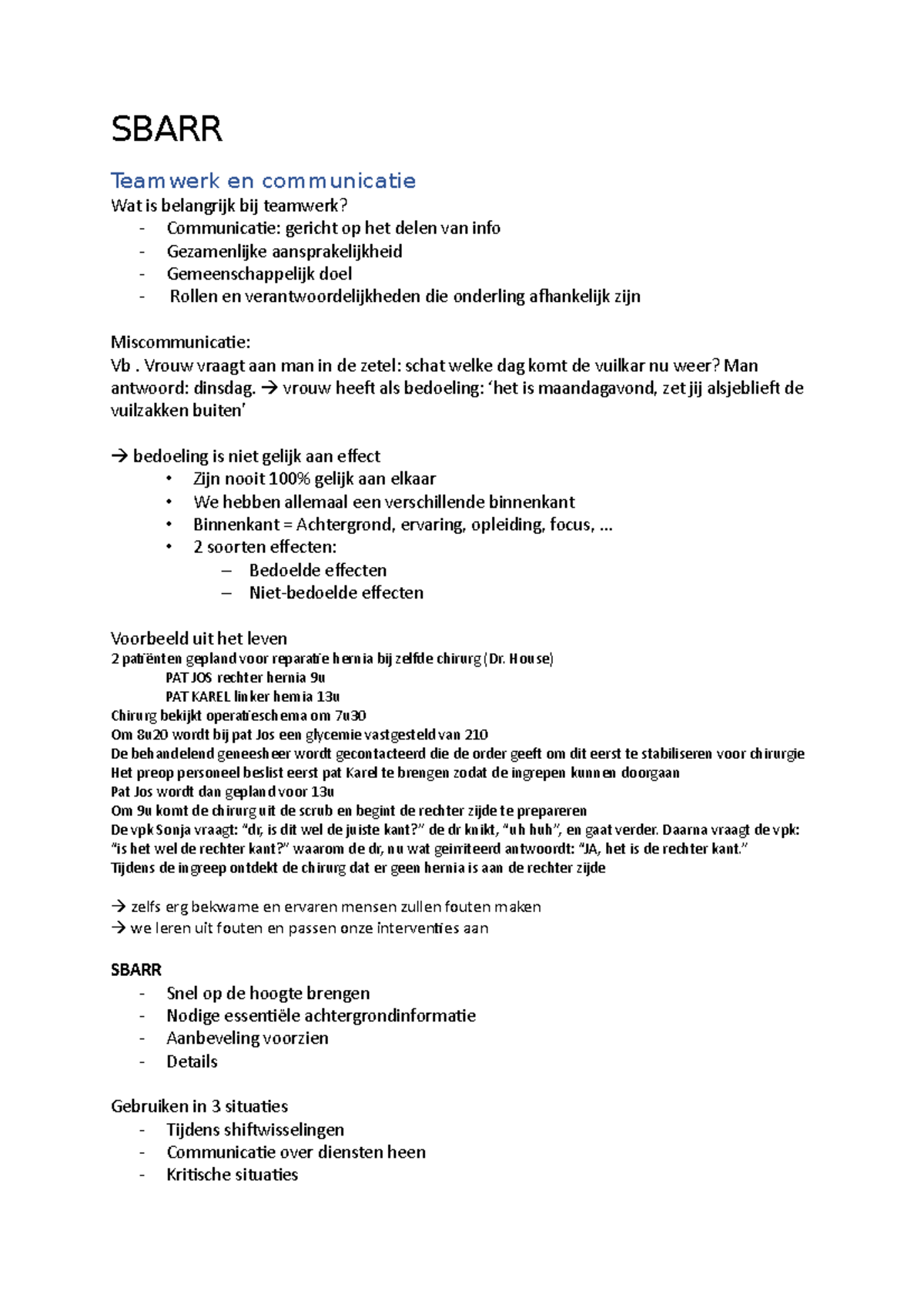 zorgthema 1: dagelijkse zorg, SBARR communicatie - SBARR Teamwerk en ...