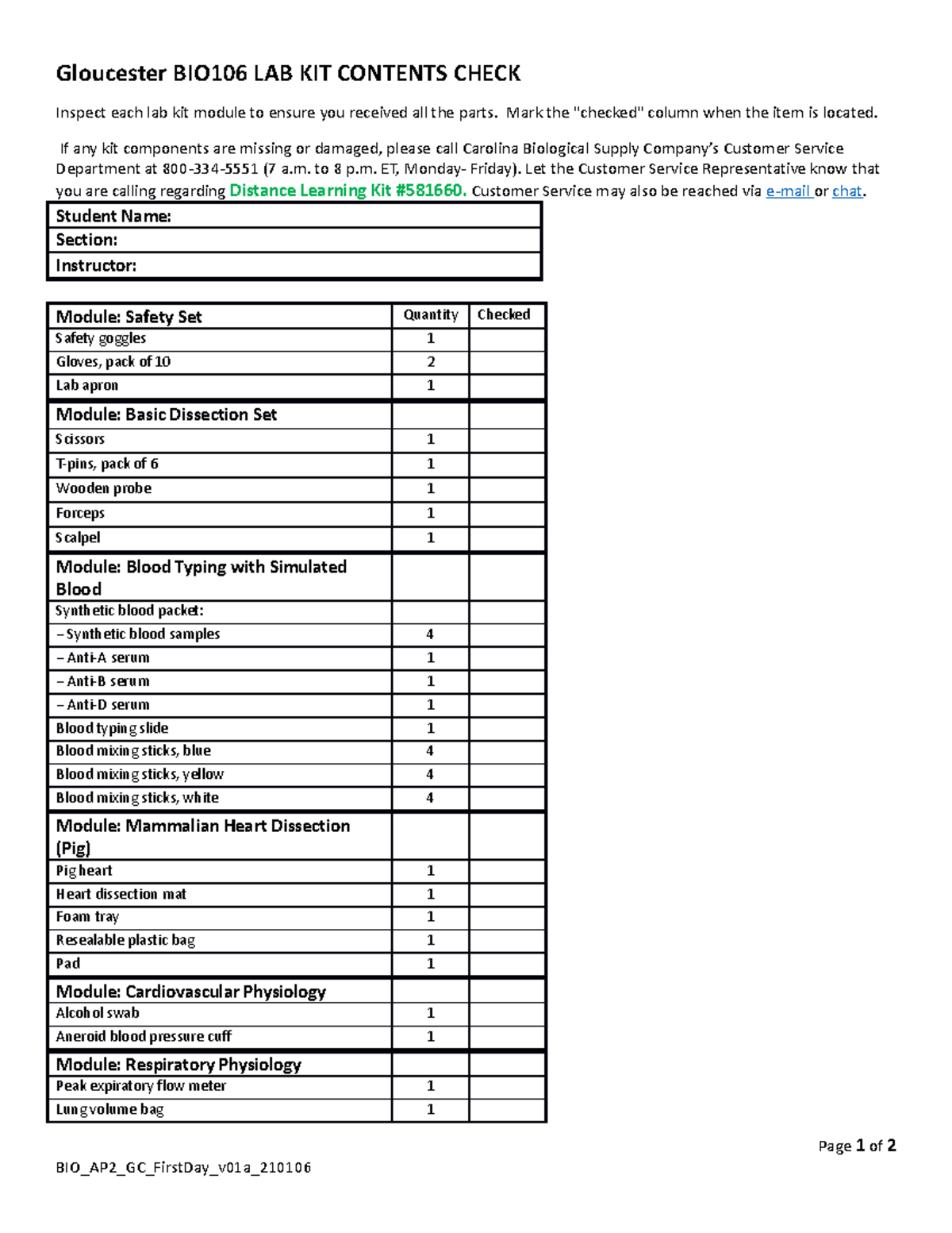 Lab Kit Checklist Gloucester BIO106 LAB KIT CONTENTS CHECK Inspect