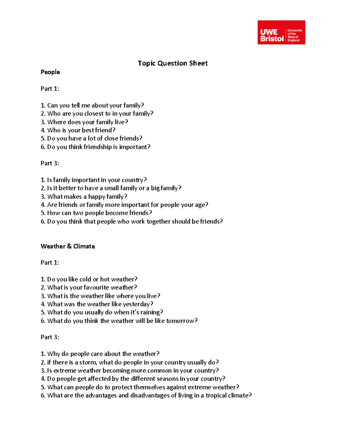 Topic Question Sheet - Topic Question Sheet People Part 1: Can you tell ...