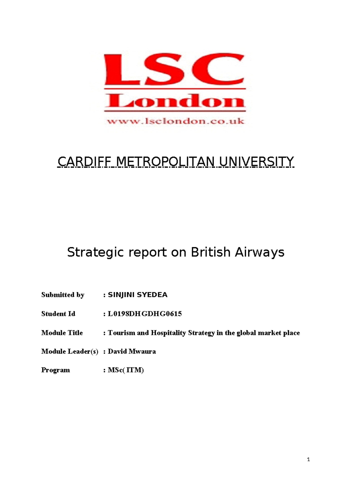 Strategic management of British Airways - CARDIFF METROPOLITAN ...