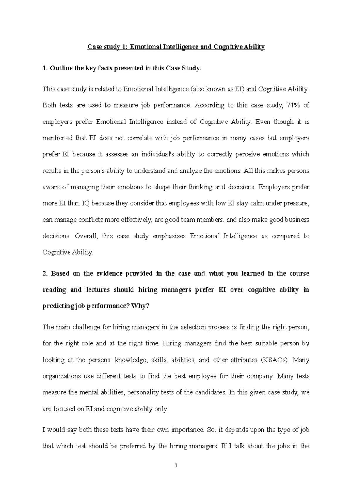 HRMN3830 CS1 - Case study 1: Emotional Intelligence and Cognitive Ability Outline the key facts ...