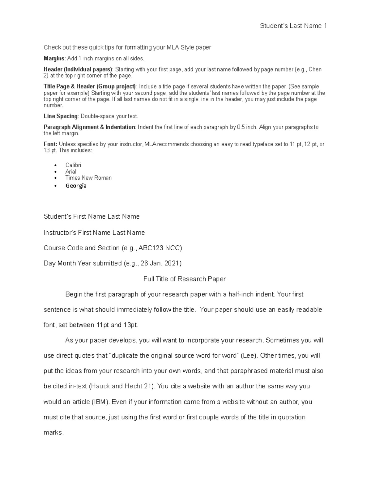 MLA Research Paper Template - Student’s Last Name 1 Check out these ...