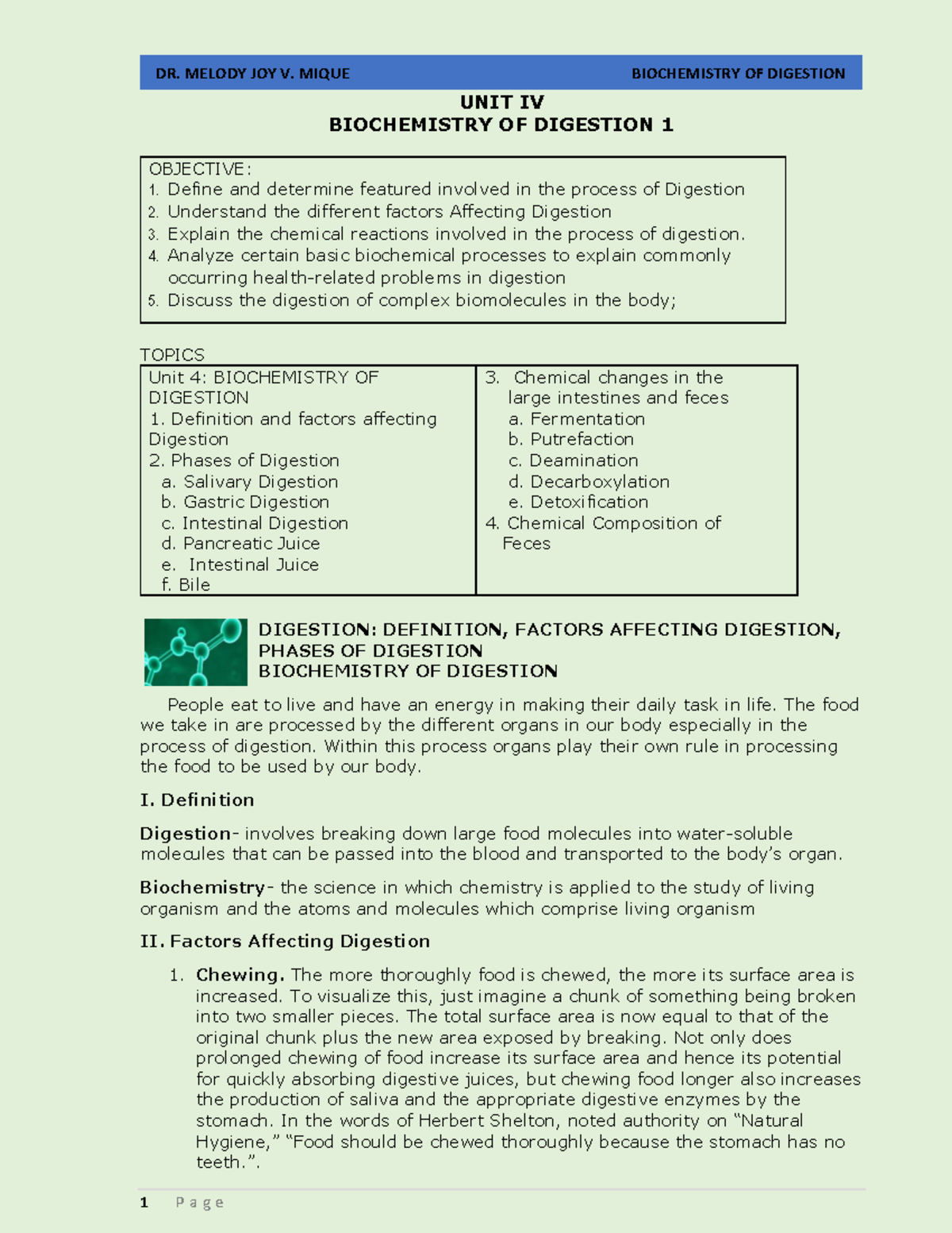 Biochemistry of digestion - 1 P a g e DR. MELODY JOY V. MIQUE ...
