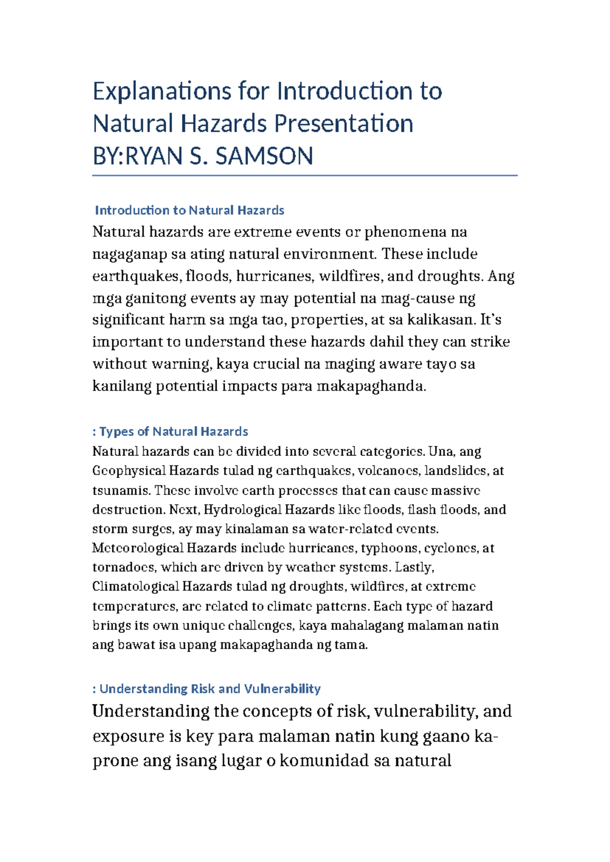 Introduction to Natural Hazards Explanations - Explanations for ...