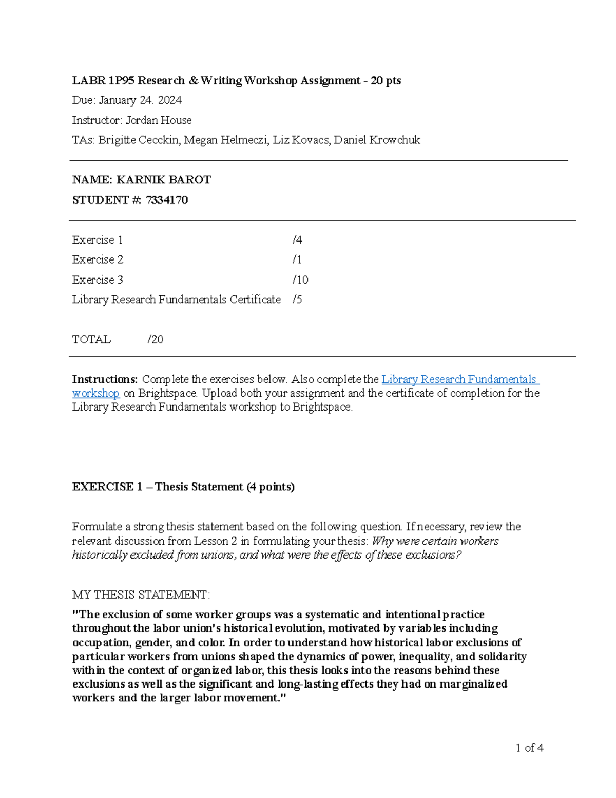 LABR 1P95 Research & Writing Workshop Assignment - 2024 Instructor ...