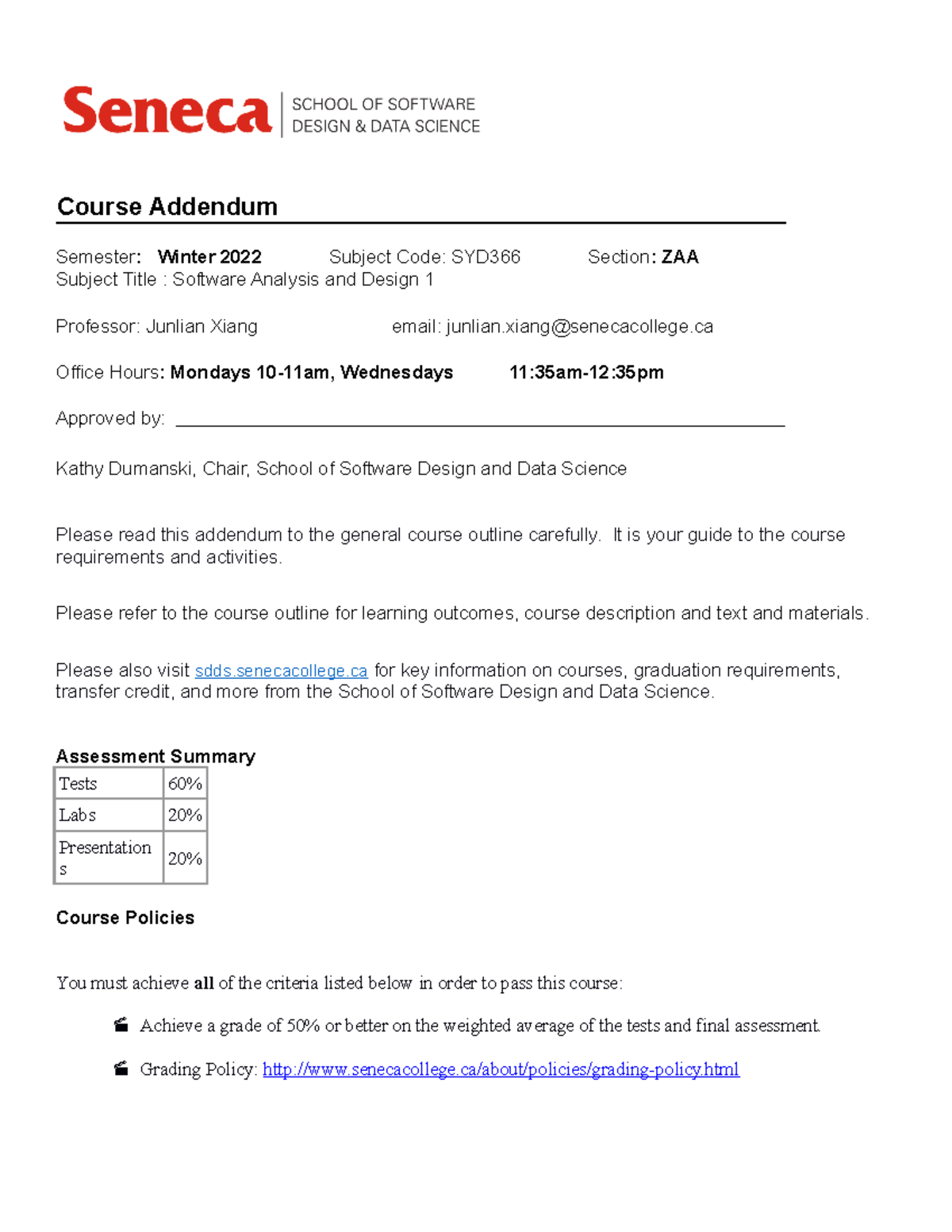 SYD366 Master Winter 2022 - Course Addendum Semester: Winter 2022 ...