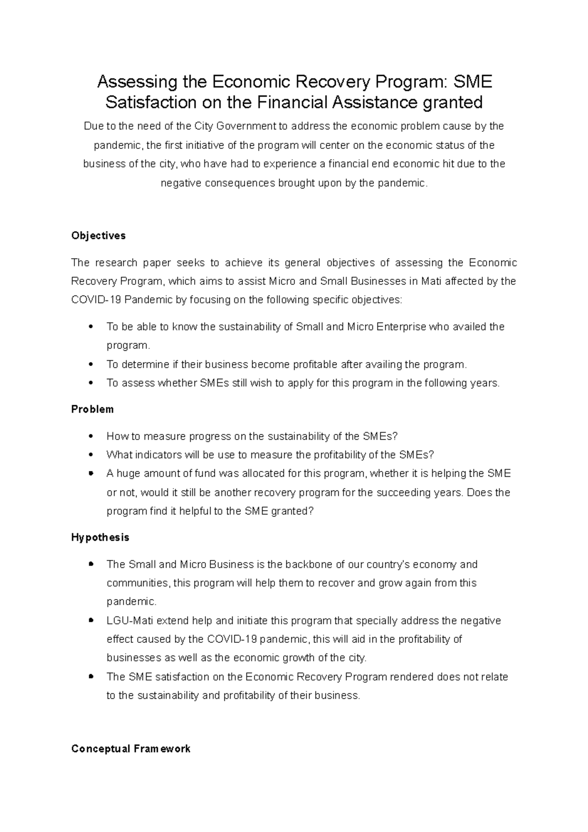 Assessing the Economic Recovery Program - Objectives The research paper ...