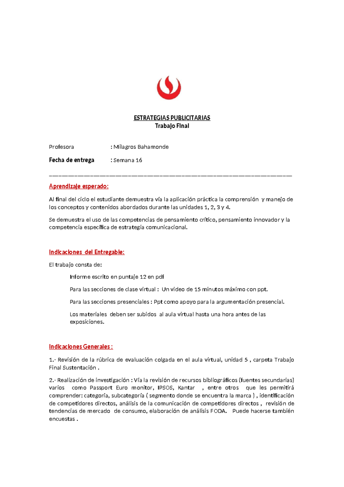 Indicaciones Complementarias PARA EL Trabajo Final - ESTRATEGIAS PUBLICITARIAS Trabajo Final ...