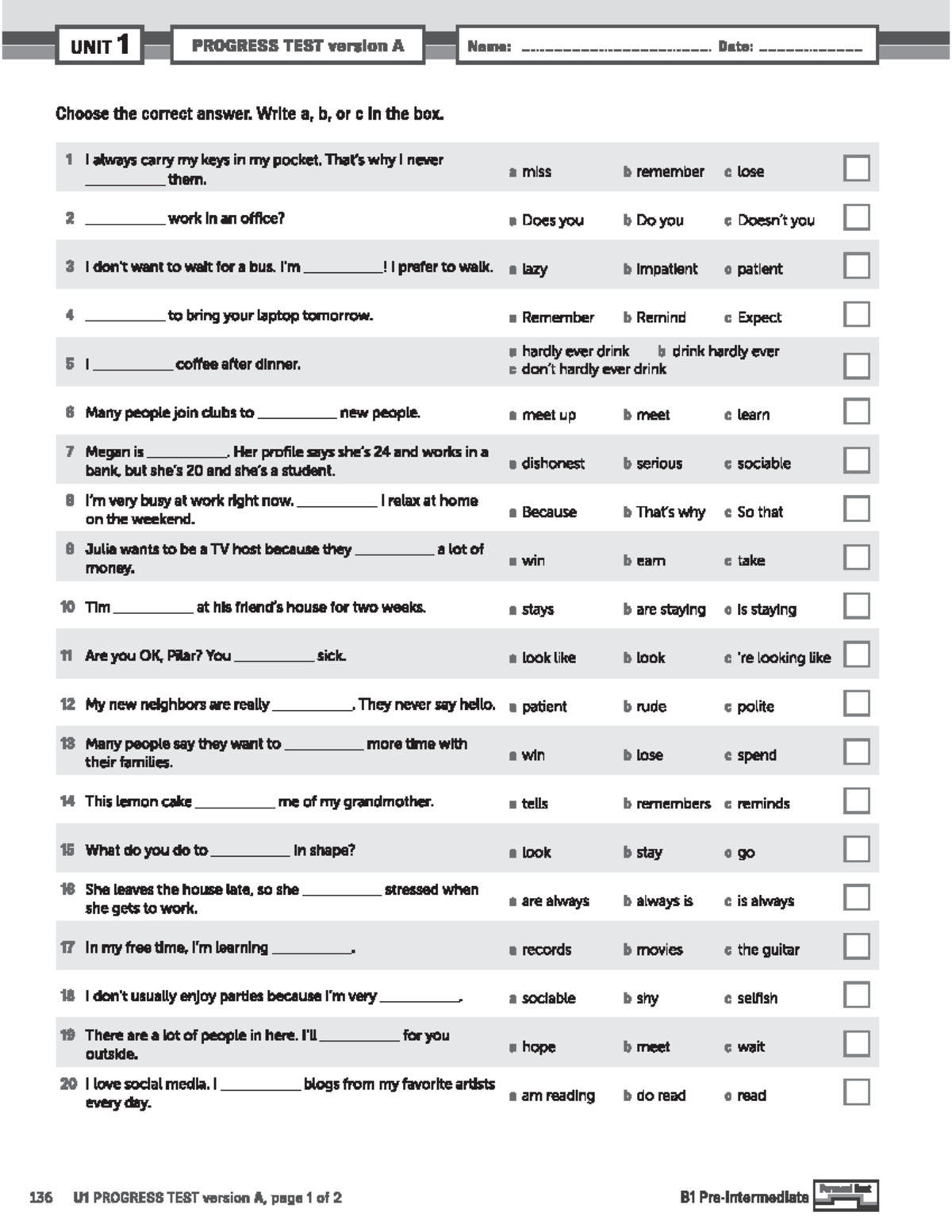 Personal Best (B1) Pre Inter unit1 - UNIT 1 PROGRESS TEST version A ...
