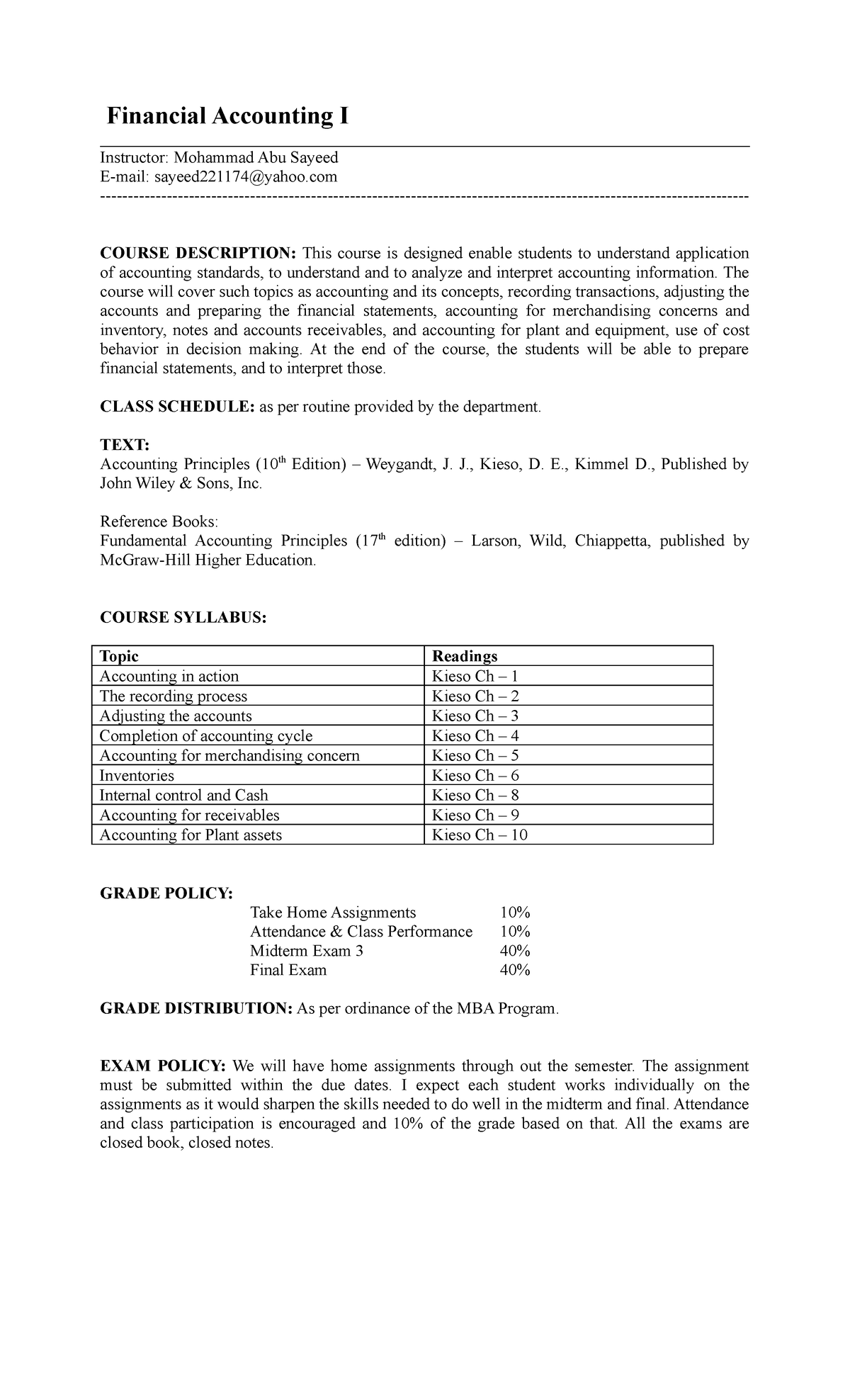 Course outline Fin Accounting I - Financial Accounting I Instructor ...