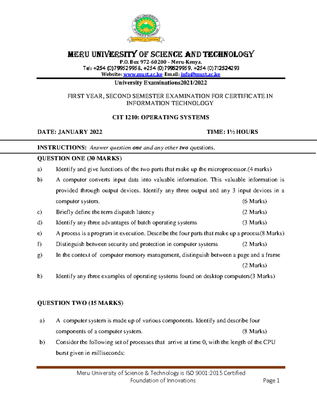 CIT 1210 Operating Systems 1 1 - Meru University of Science ...