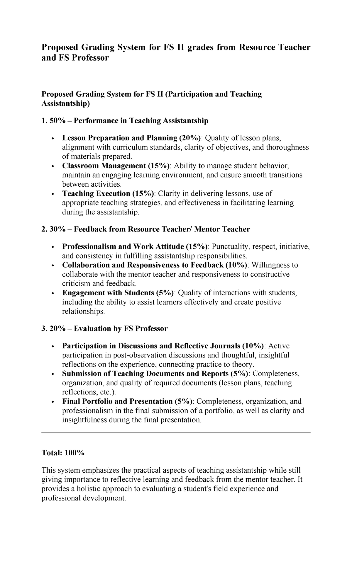 Proposed Grading System for Field Study II grades from Resource Teacher ...