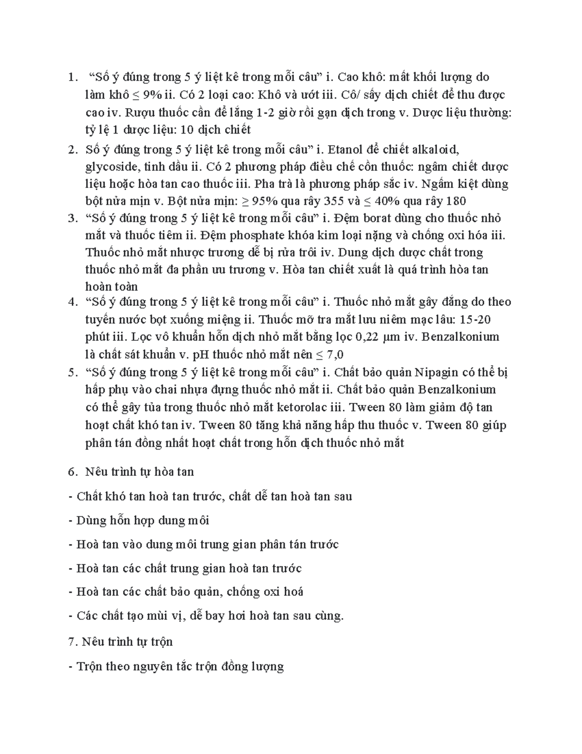 Đề cương Bào chế 1 - ádasdasd - “Số ý đúng trong 5 ý liệt kê trong mỗi ...
