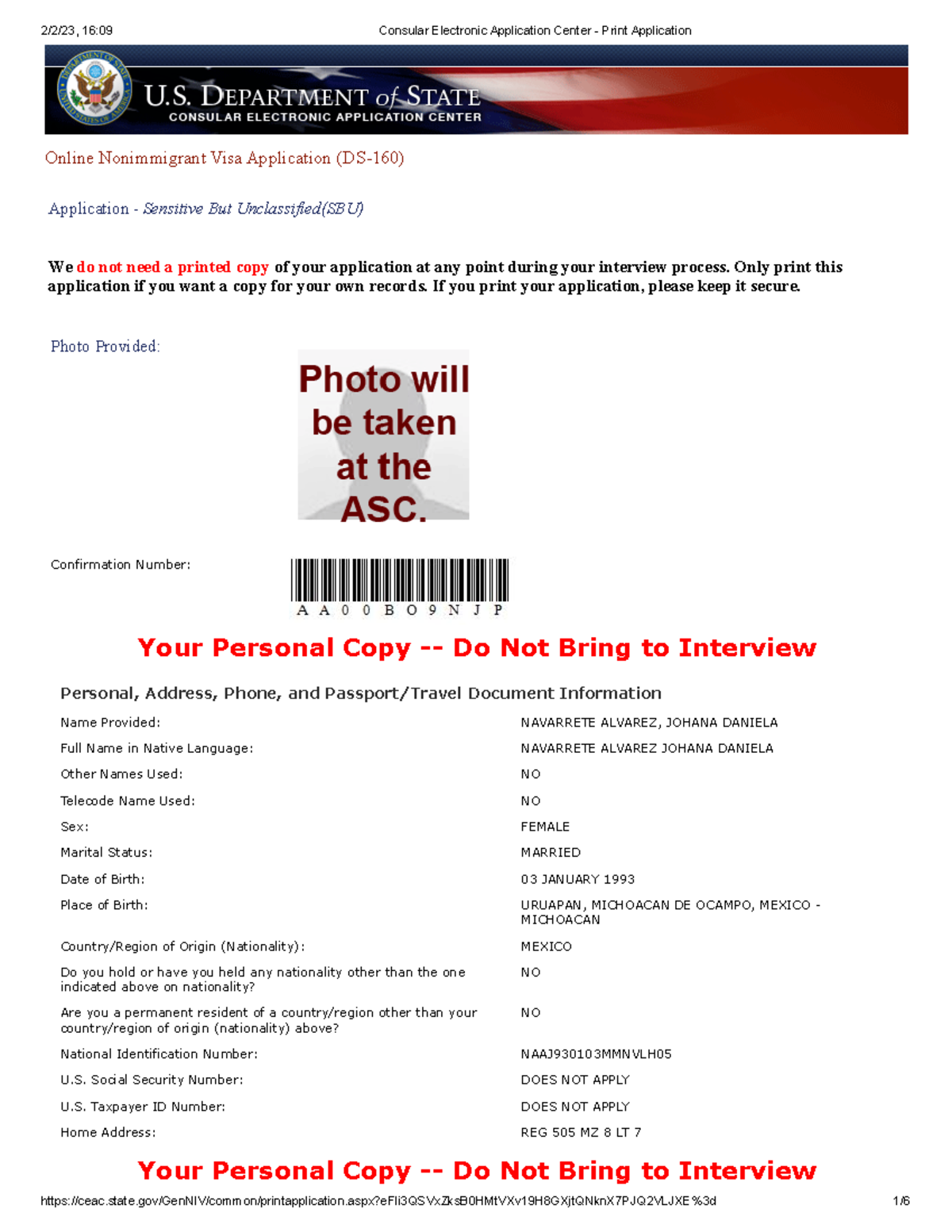 Aplicacion Daniela - citacion - Online Nonimmigrant Visa Application ...