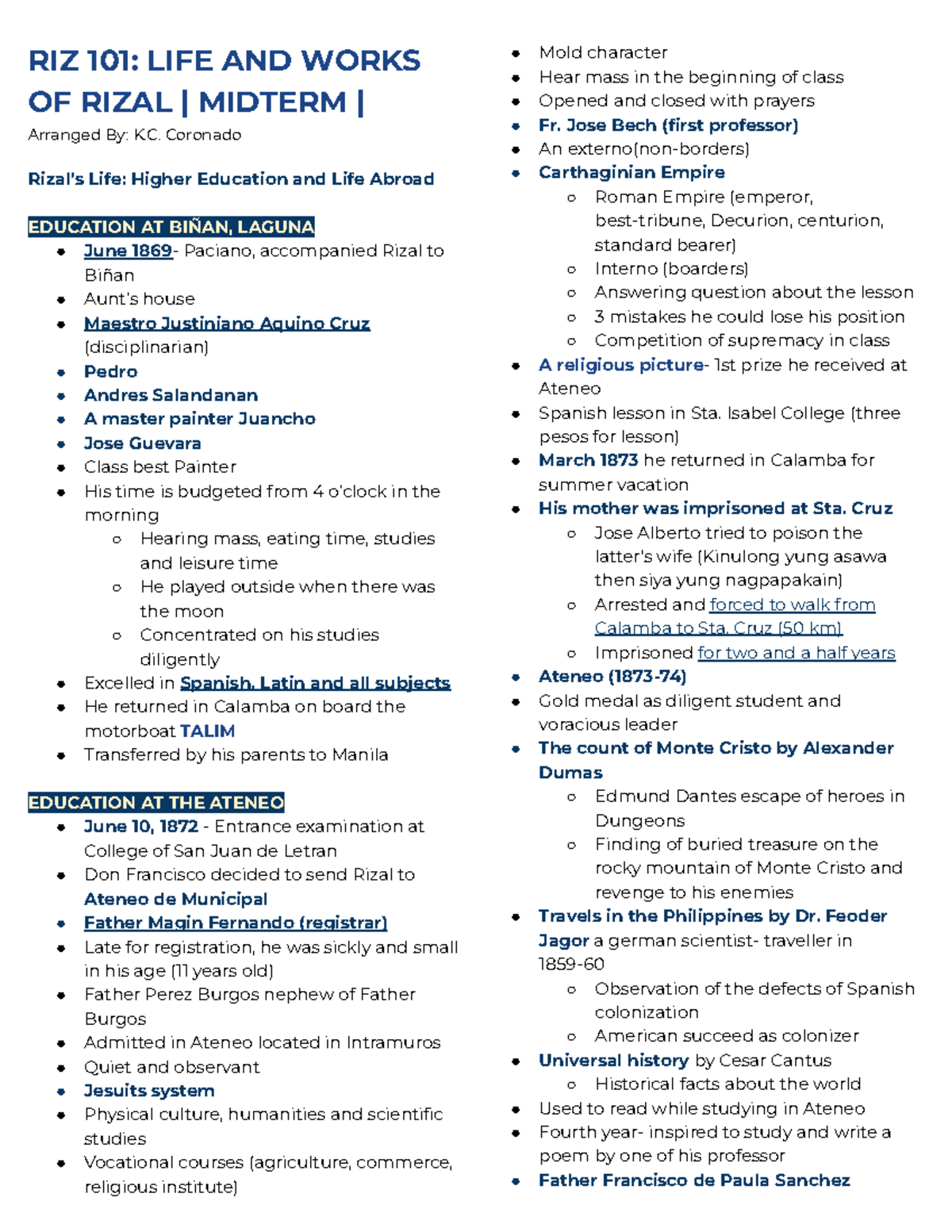 Rizal 101 - Midterm Reviewer - RIZ 101: LIFE AND WORKS OF RIZAL | MIDTERM | Arranged By: K ...