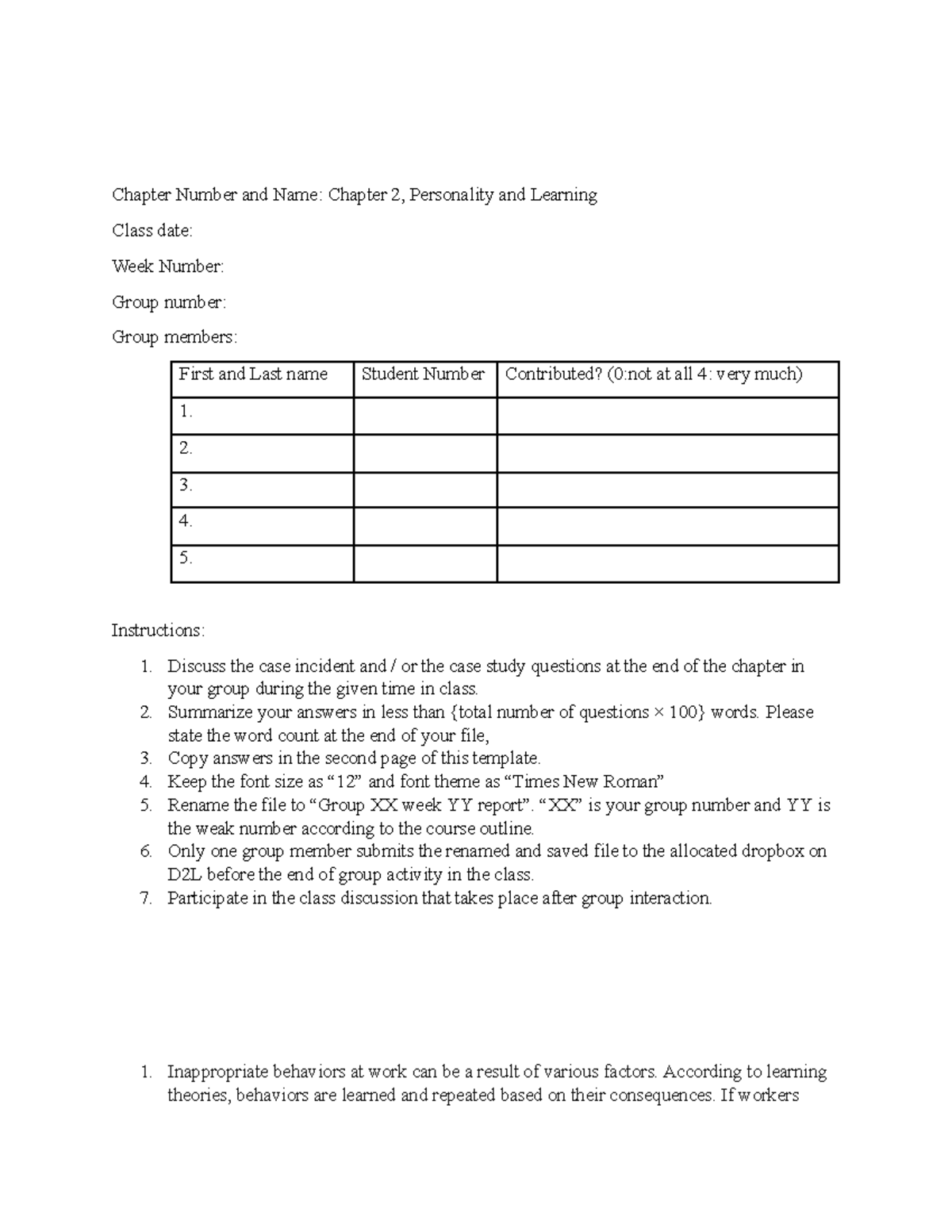 Chapter 2, Personality and Learning Case study - Chapter Number and ...