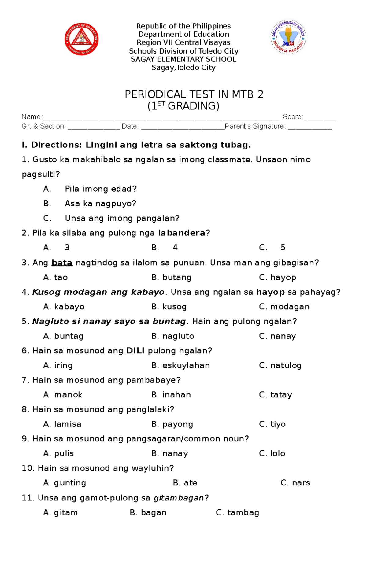 First Quarter TEST MTB 2022 - Republic of the Philippines Department of ...
