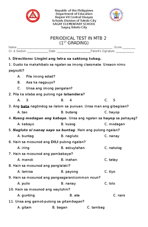 First Periodical Test in Grade 2 - Department of Education SAGAY ...