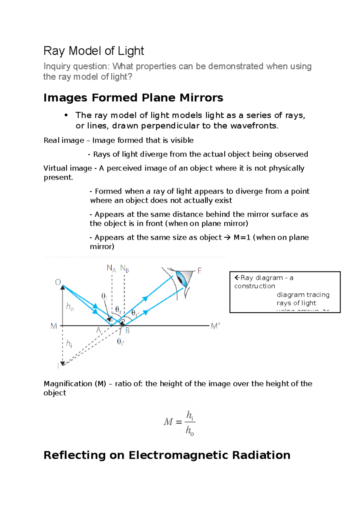 Ray Model of Light - Notes - Ray Model of Light Inquiry question: What ...