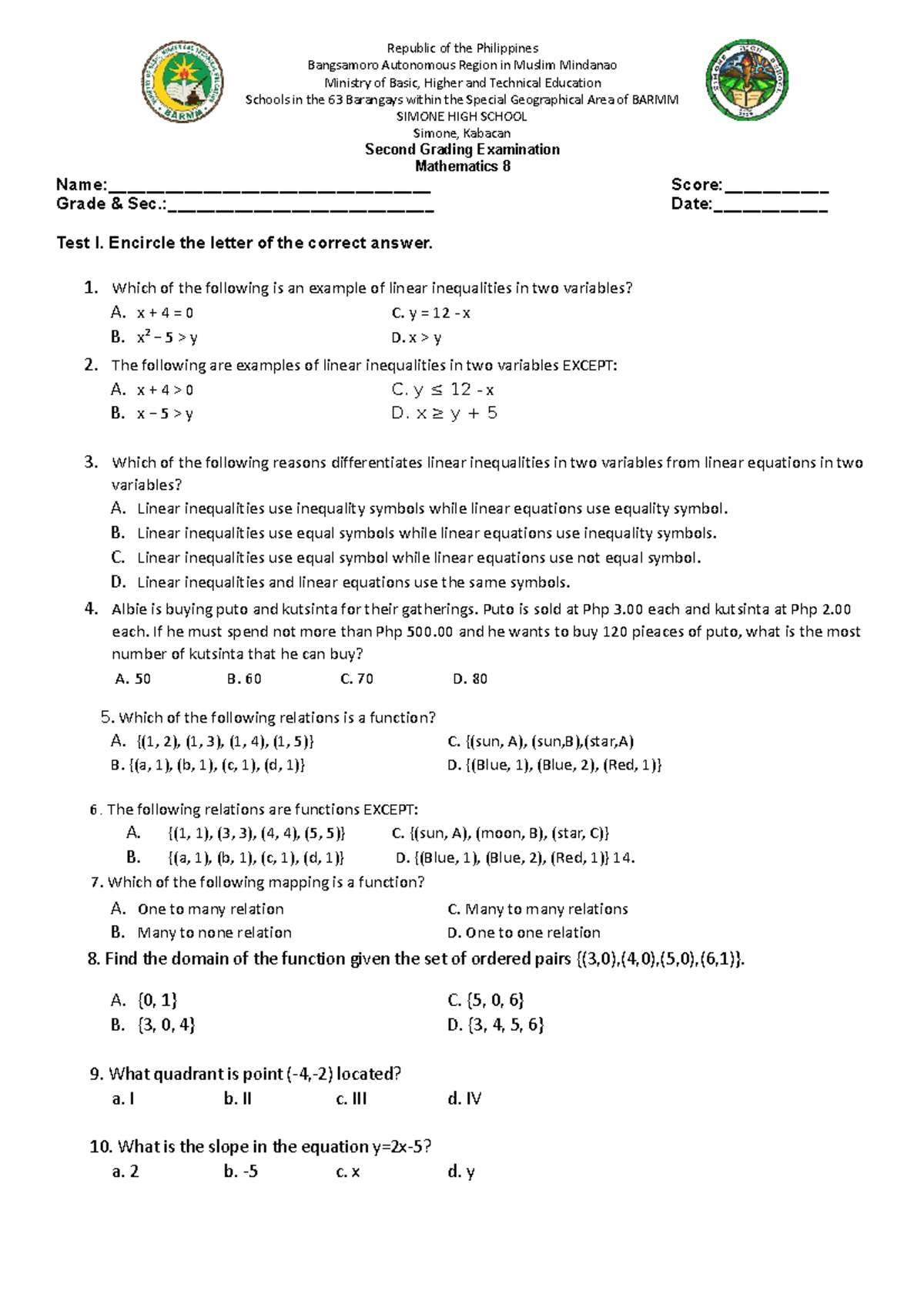 1st grading exam 2022 2023 - Republic of the Philippines Bangsamoro ...