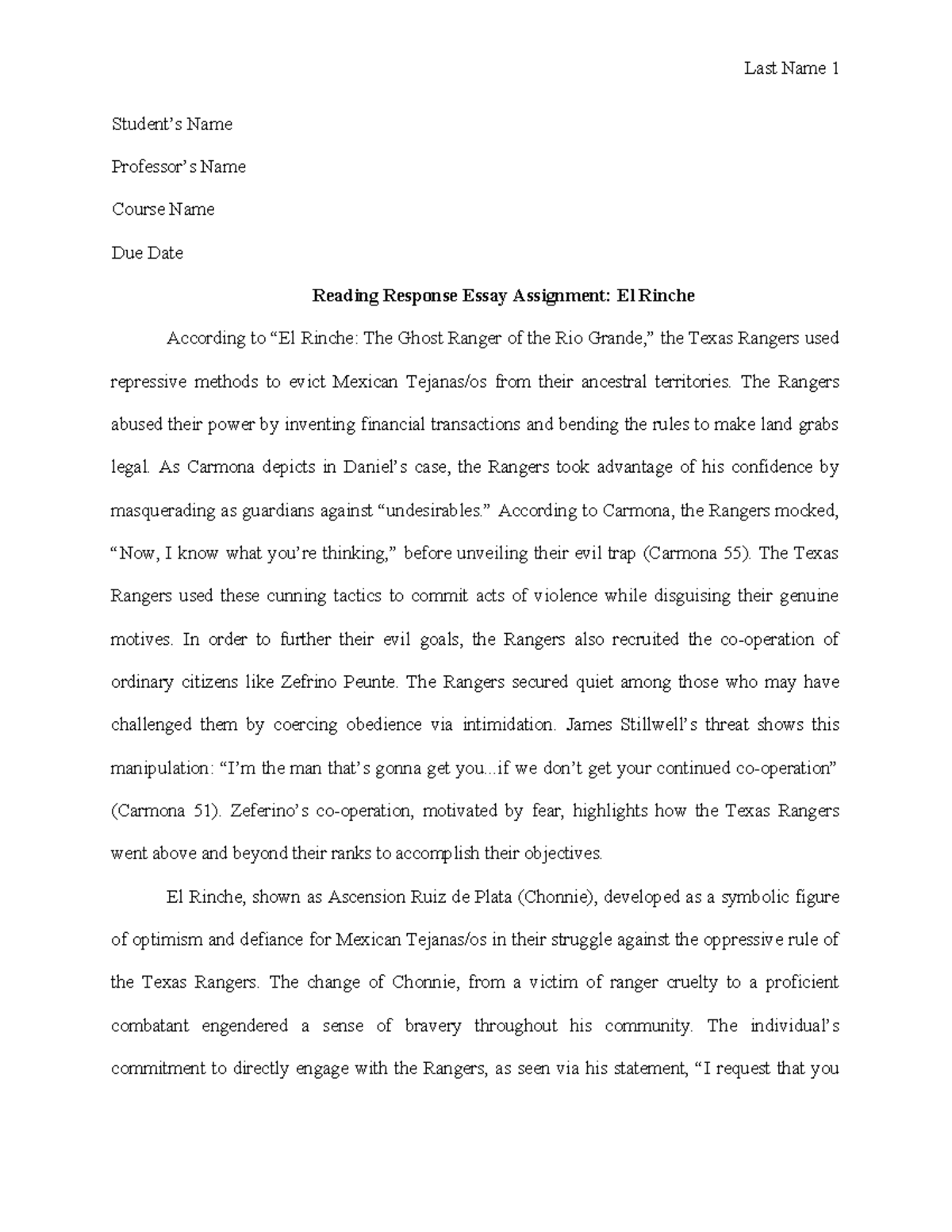 El rinche America history - Student’s Name Professor’s Name Course Name ...